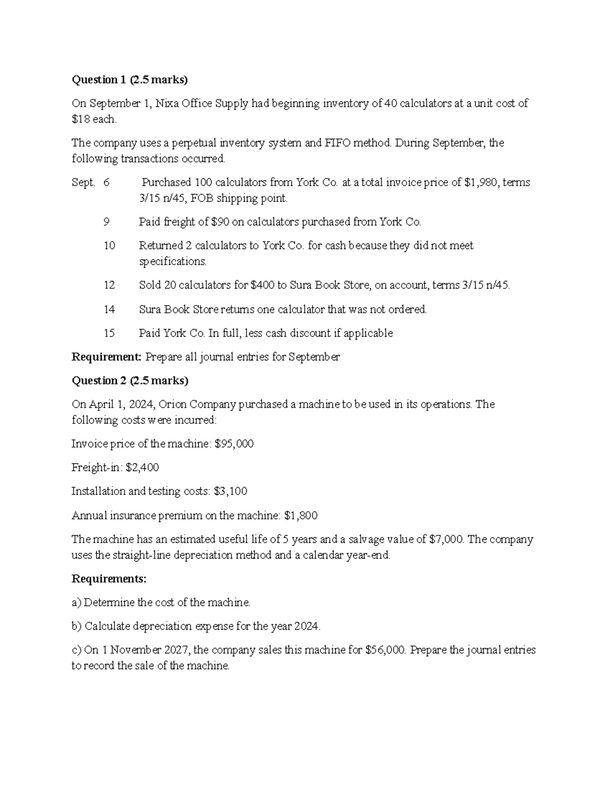 Mock Exam: Accounting Principles (AP) - Journal Entries & Calculations ...