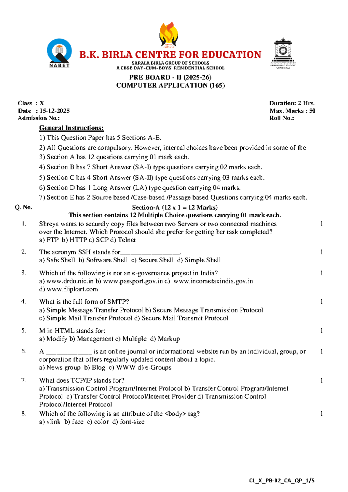 Pre Board II Computer Application (165) Class X Question Paper - Studocu