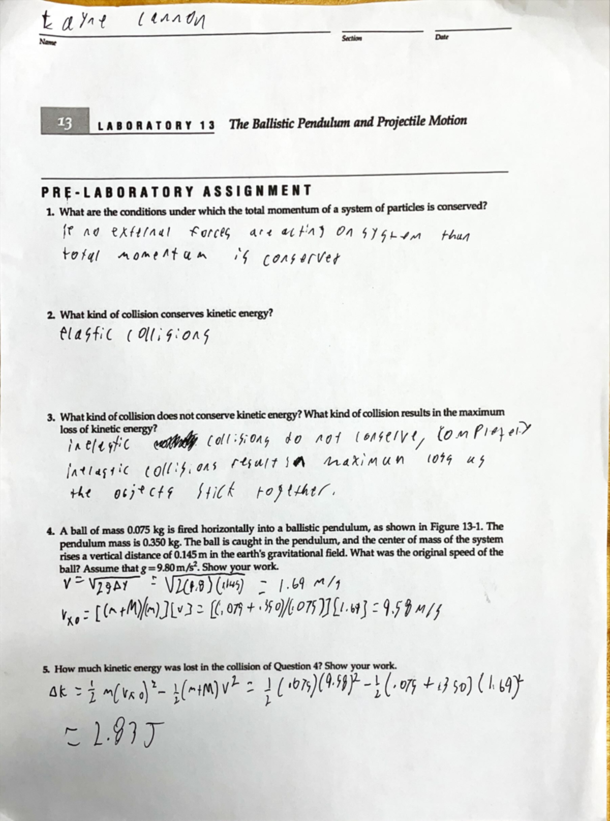 Laboratory 13: Ballistic Pendulum and Projectile Motion Analysis - Studocu