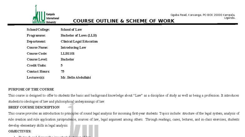 Course Outline: Introducing Law (LLB1101) - Scheme of Work - Studocu