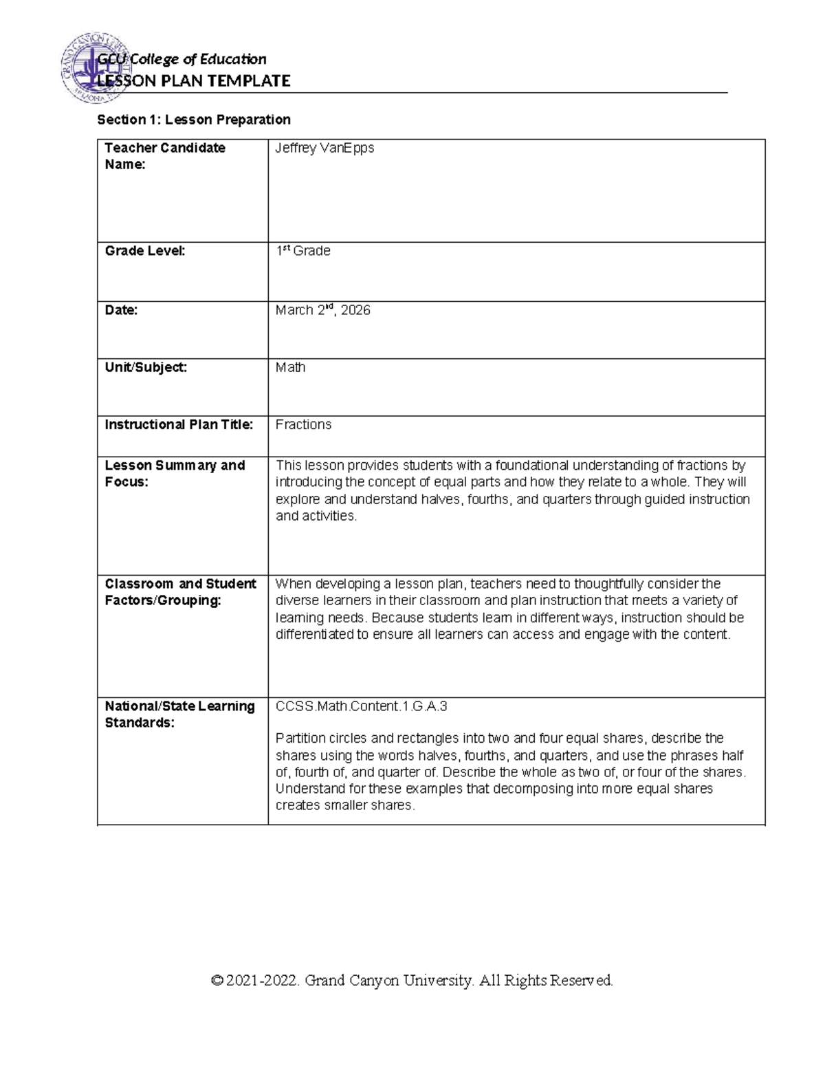 GCU College of Education 1st Grade Math Lesson Plan: Understanding ...