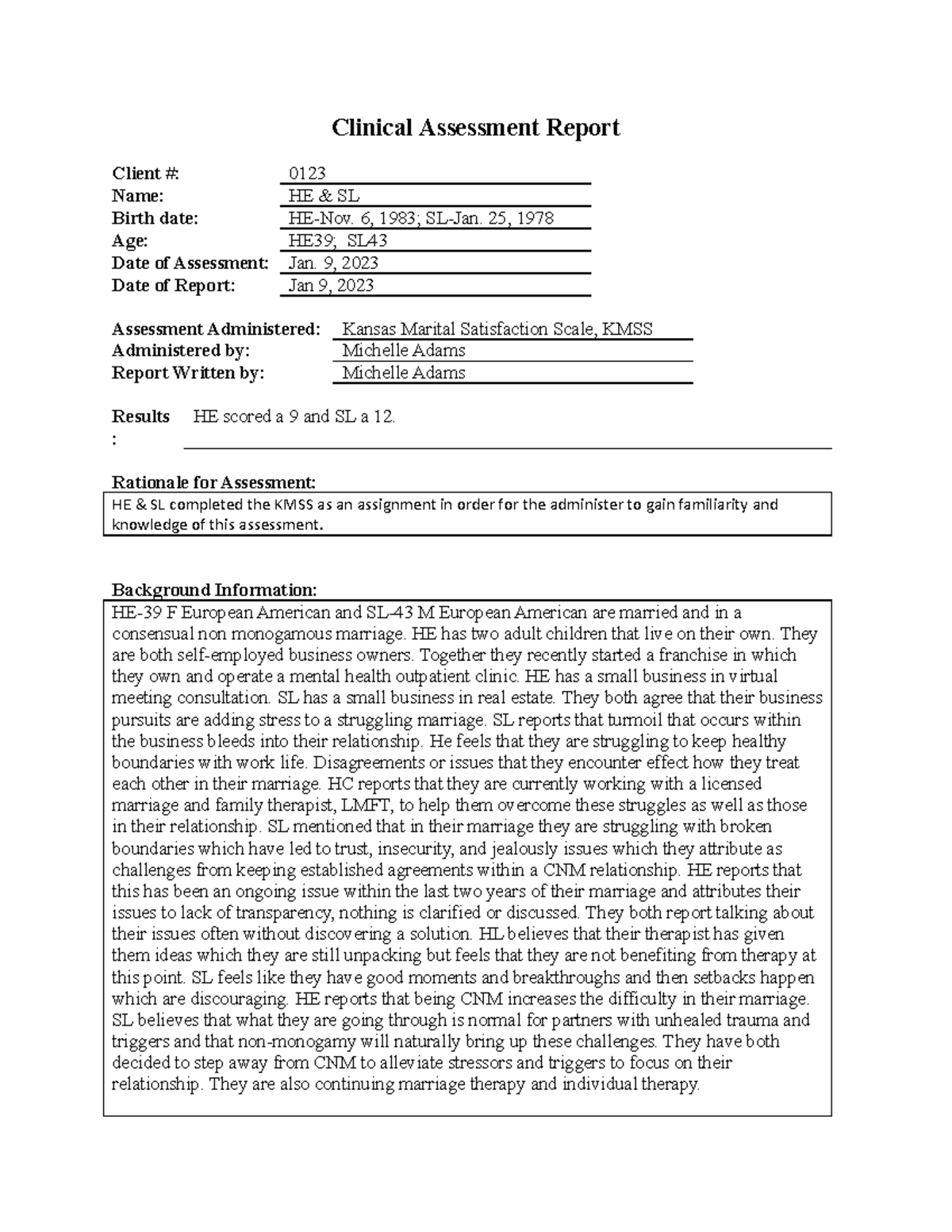Clinical Assessment Report on Couples: KMSS, MSI, RDAS Comparisons ...
