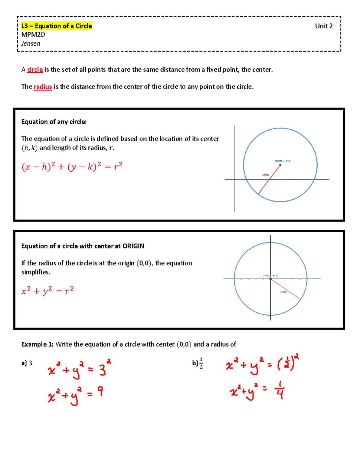 Unit 2 L3 MPM2D: Circle Equations and Their Properties - Studocu