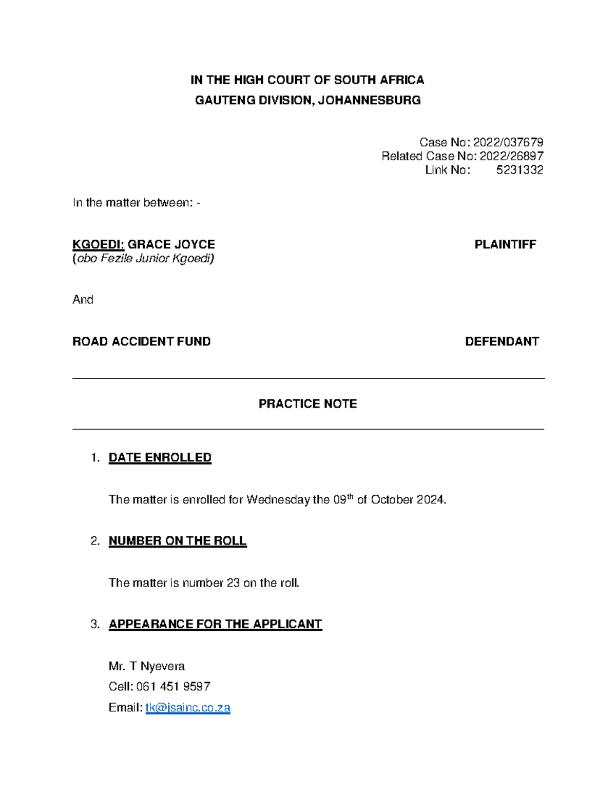 High Court Practice Note: Interlocutory Application - Case No. 2022/ ...