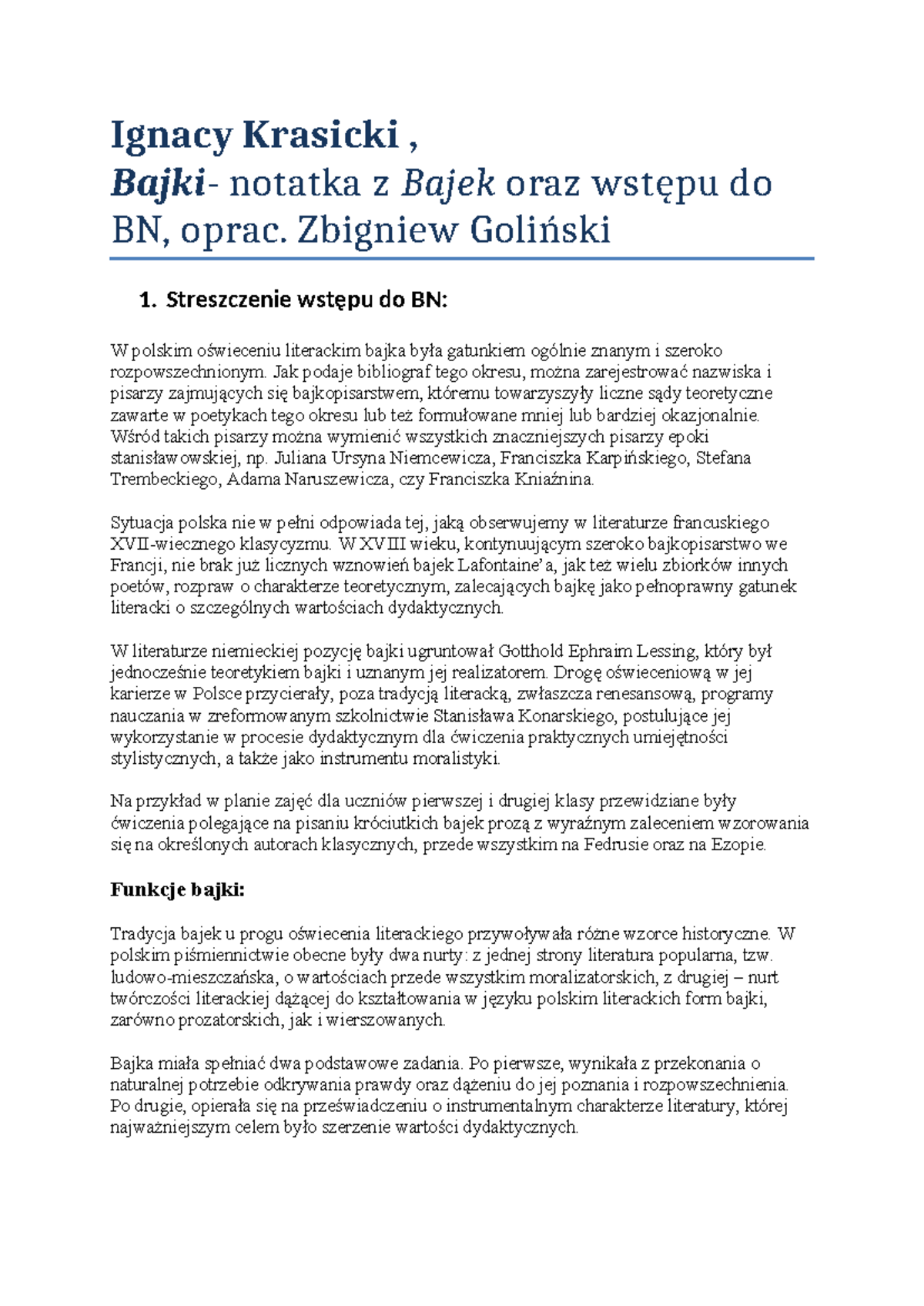 Ignacy Krasicki: Notatki o Bajkach i Wstępie do BN - Studocu