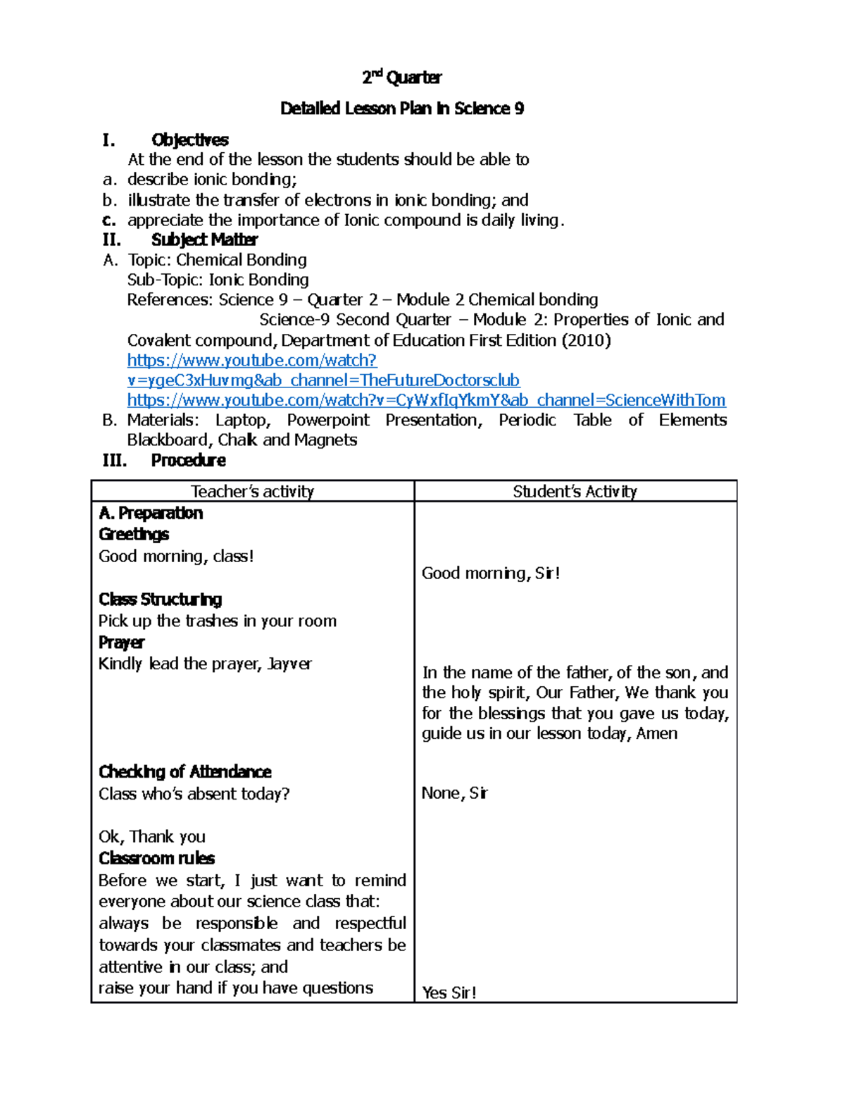 Science 9 - Detailed Lesson Plan on Ionic Bonding (Quarter 2) - Studocu
