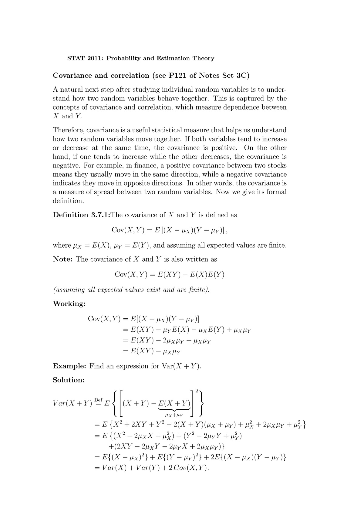 STAT 2011: Covariance and Correlation in Probability Theory - Studocu