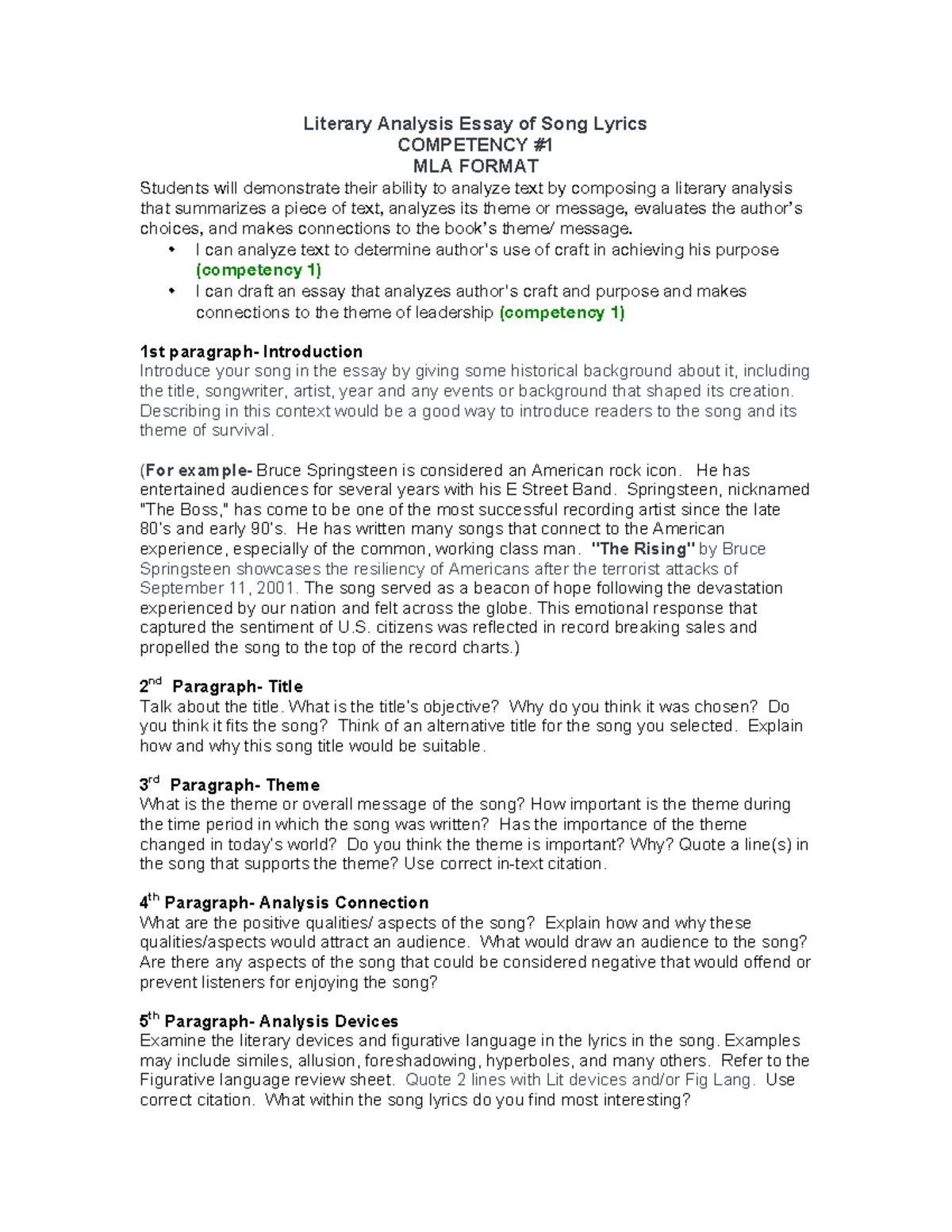 Literary Analysis Essay on Song Lyrics - COMPETENCY # Analysis - Studocu