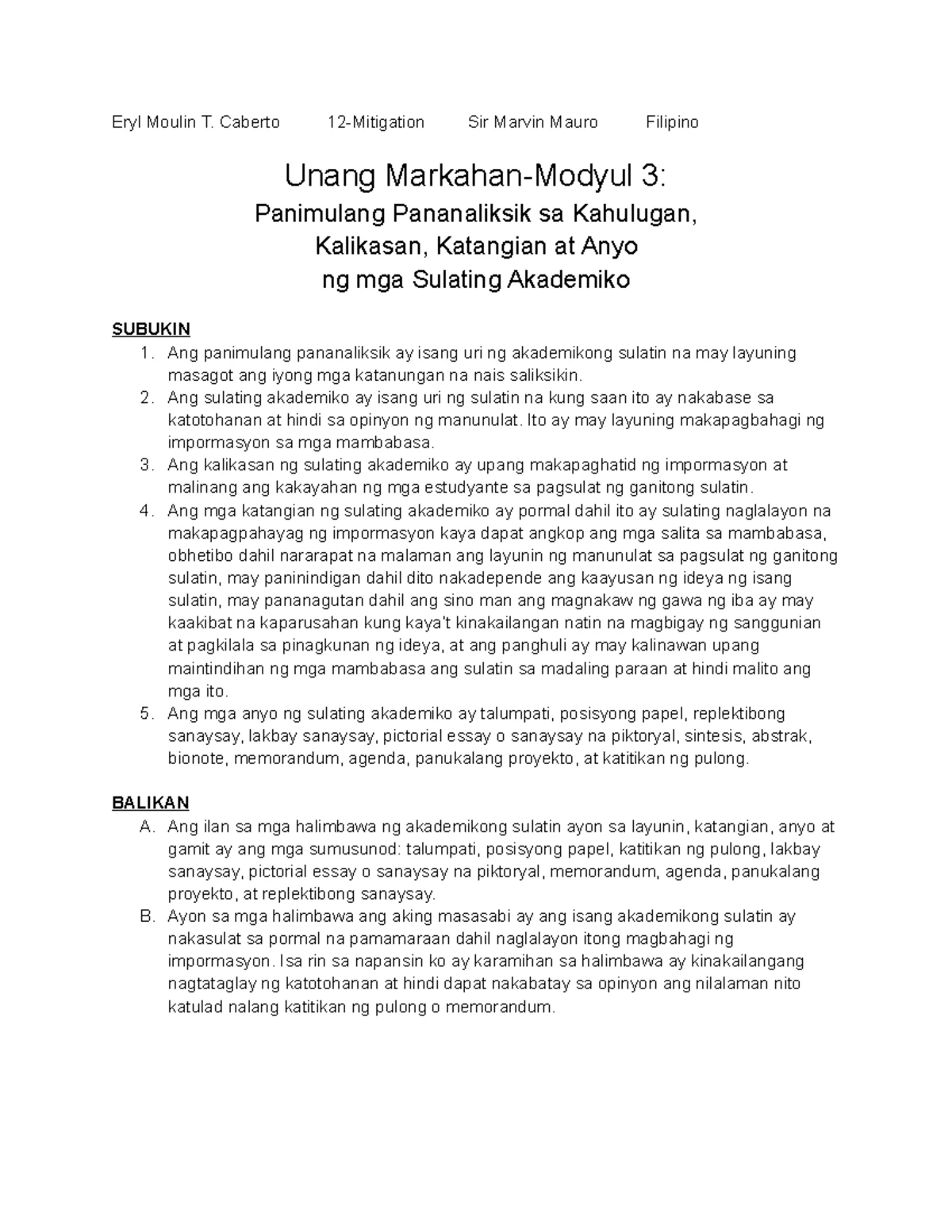 Filipino-TVL-module 1-1-3 - Filipino sa Piling Larang (Tech-Voc) Unang Markahan Learner’s Packet ...