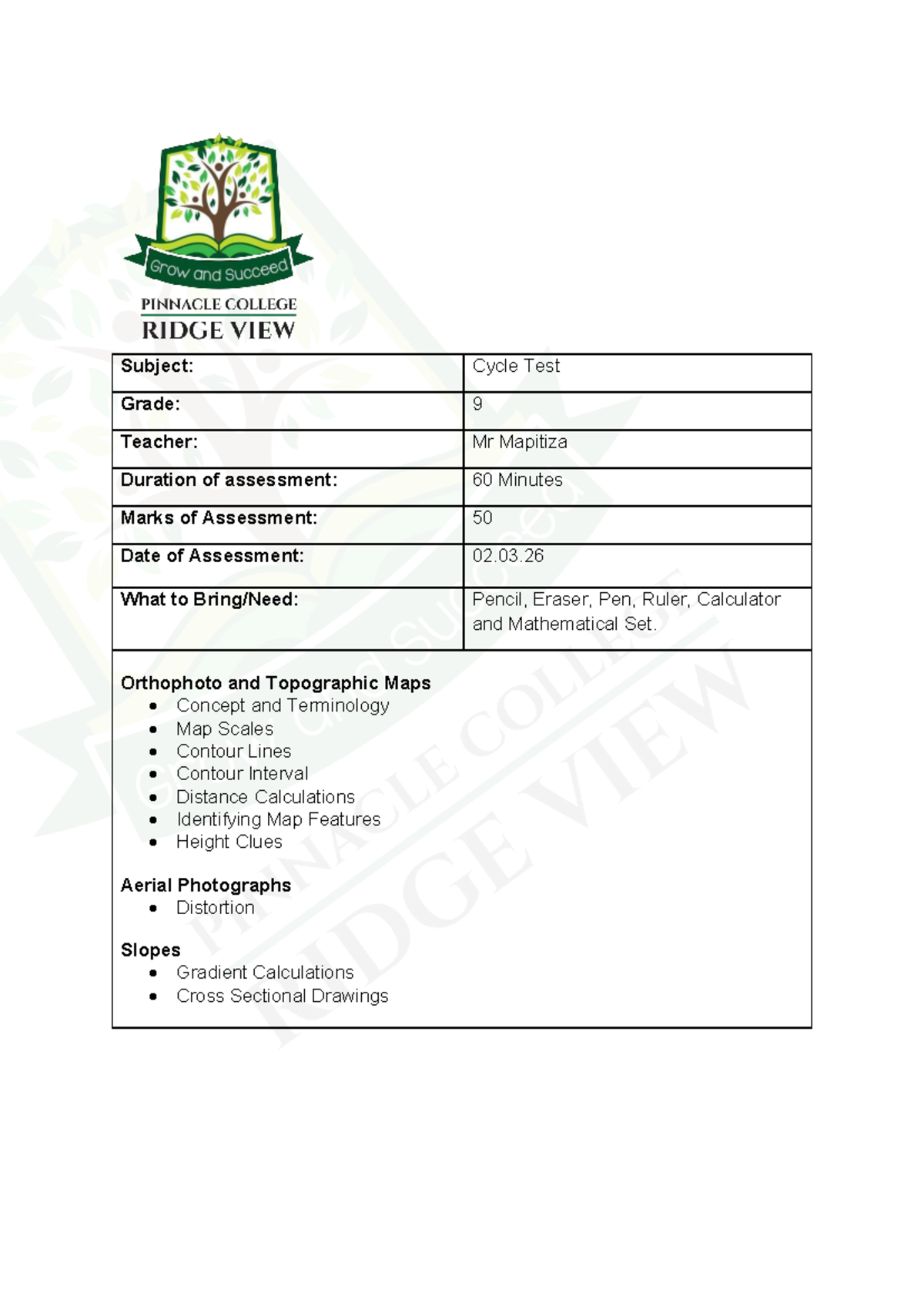 Scope - Grade 9 Geography Cycle Test - Subject: Cycle Test Grade: 9 ...