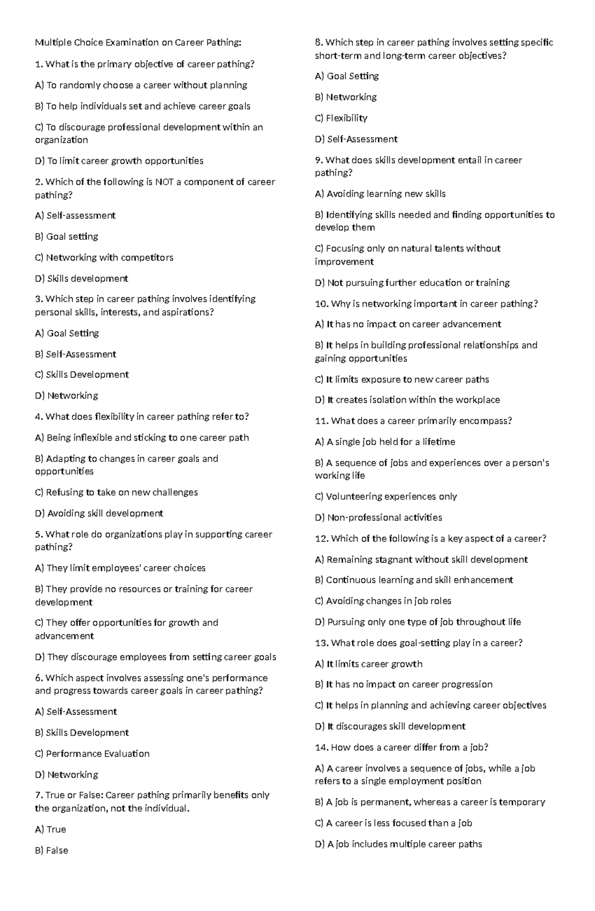 Career Pathing MCQ Exam - pERSONAL dEVELOPMENT - Studocu