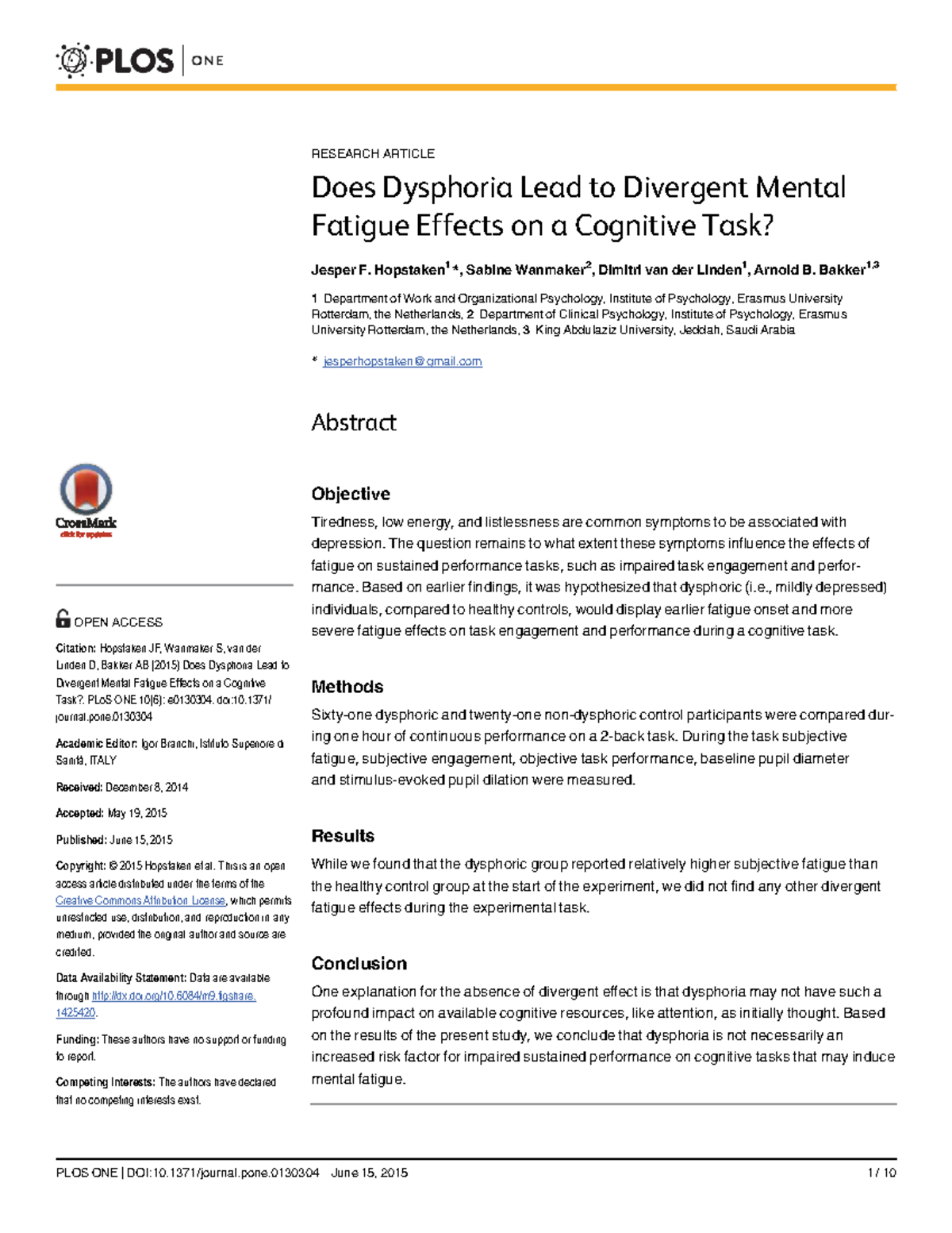 Dysphoria and Mental Fatigue Effects on Cognitive Tasks: A Study - Studocu