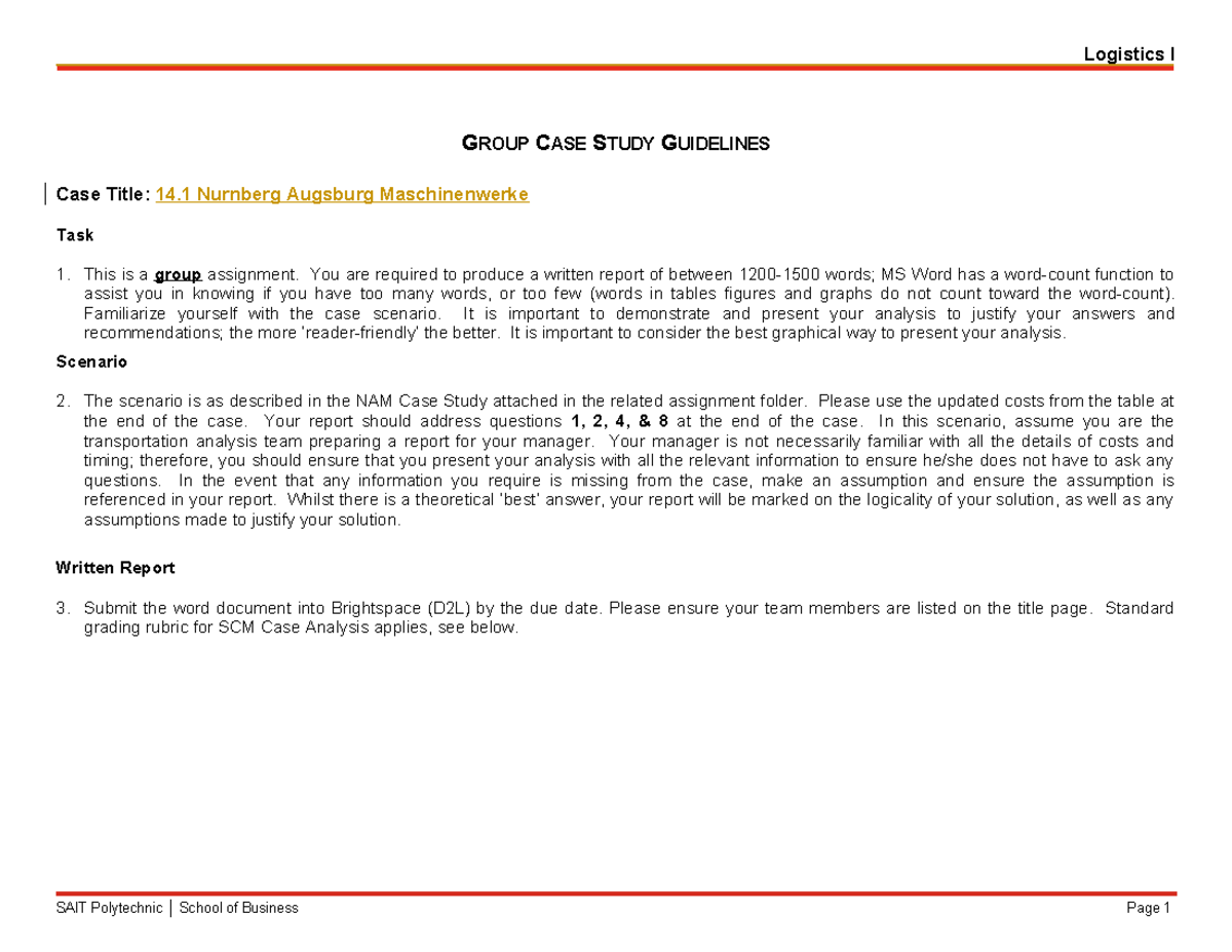 NAM Group Case Study and Rubric - Logistics I GROUP CASE STUDY GUIDELINES Case Title: 14 ...