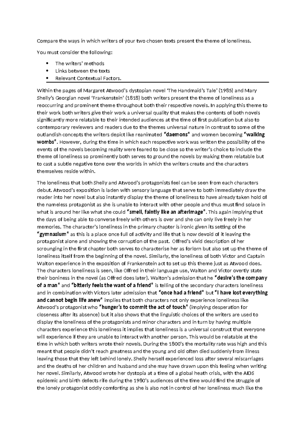 Comparative Analysis of Loneliness in Frankenstein & Handmaid's Tale ...