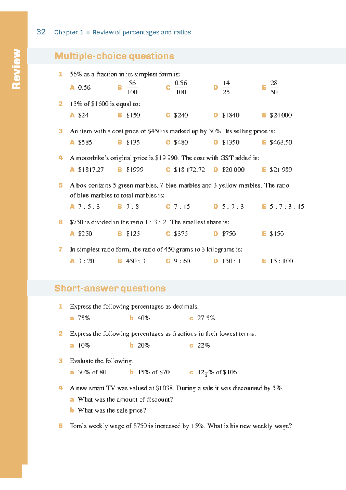 Cambridge Finance Review Test: Chapter 1 Percentages & Ratios - Studocu