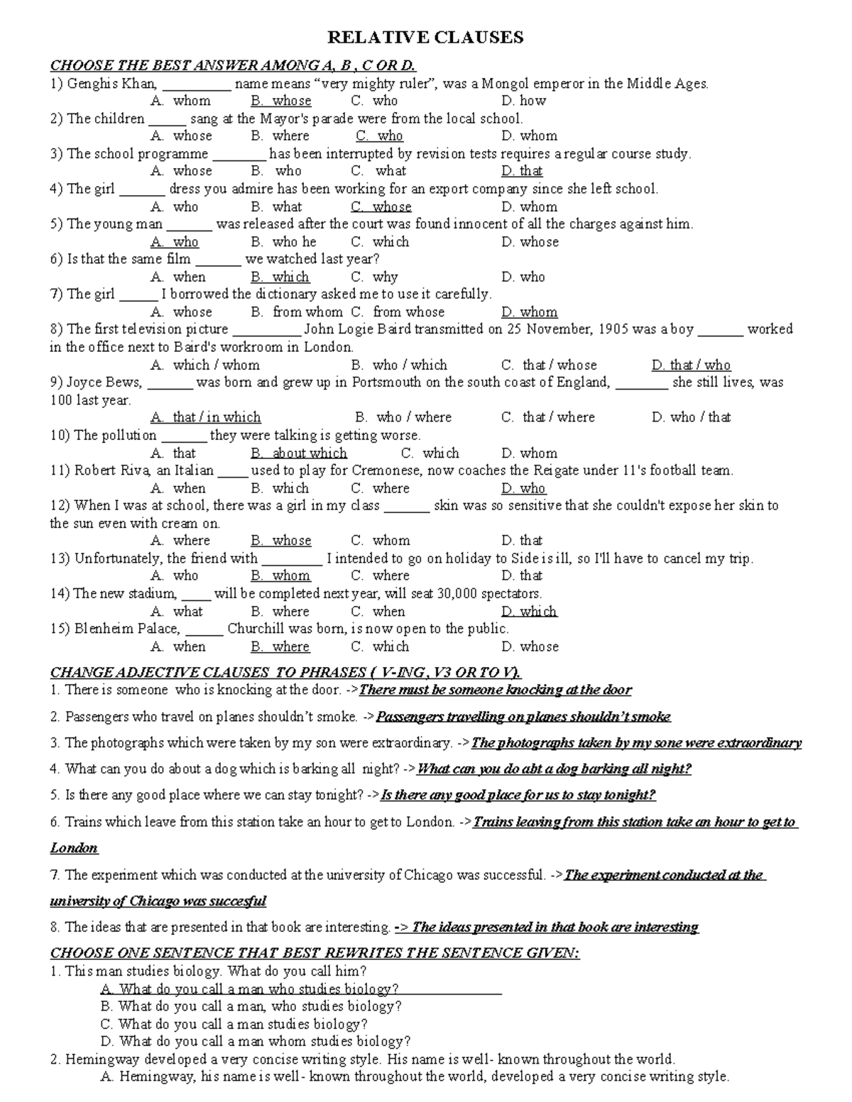 RELATIVE CLAUSES EXERCISES AND ANSWERS (Bai Tap) - Studocu