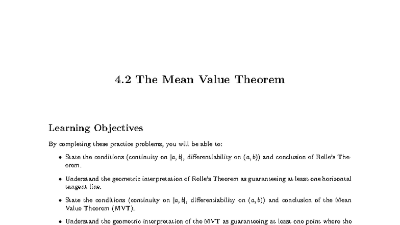 FS25 MATH UA 131 Mean Value Theorem Practice Problems - Studocu