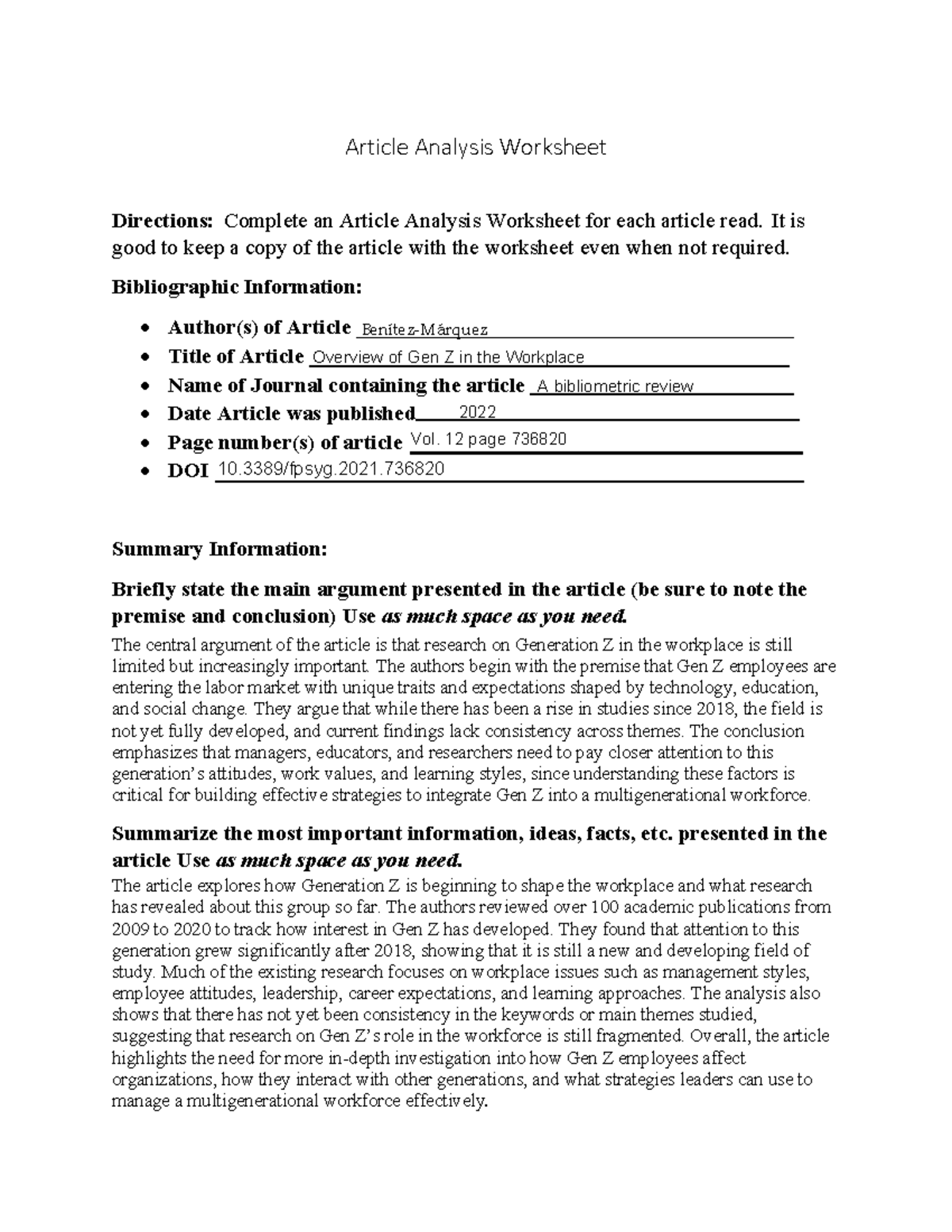 Article Analysis Worksheet: Gen Z in the Workplace Overview - Studocu