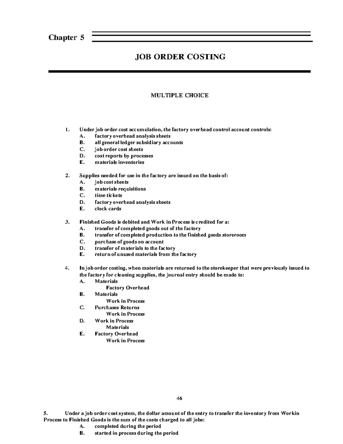 Job Order Costing - Chapter 5 JOB ORDER COSTING MULTIPLE CHOICE Under ...