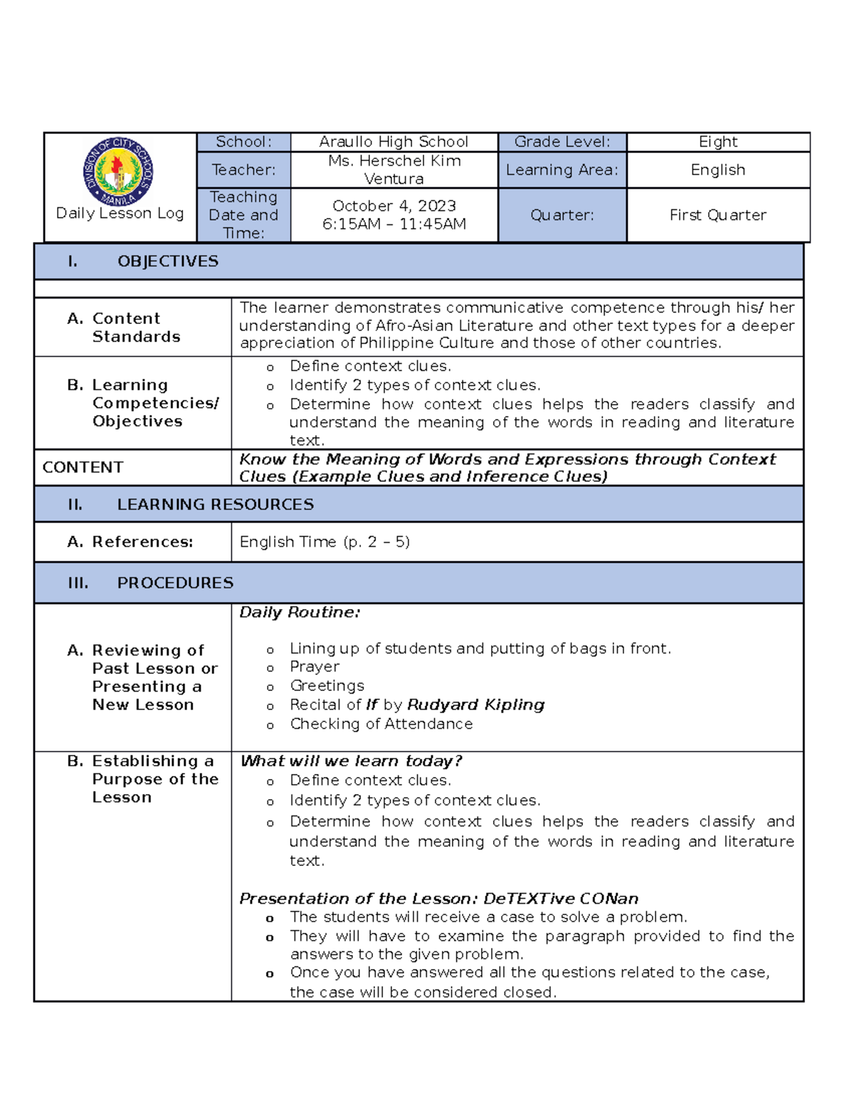 Context Clues - DLP - Lesson Plan for 8th Grade English - Studocu