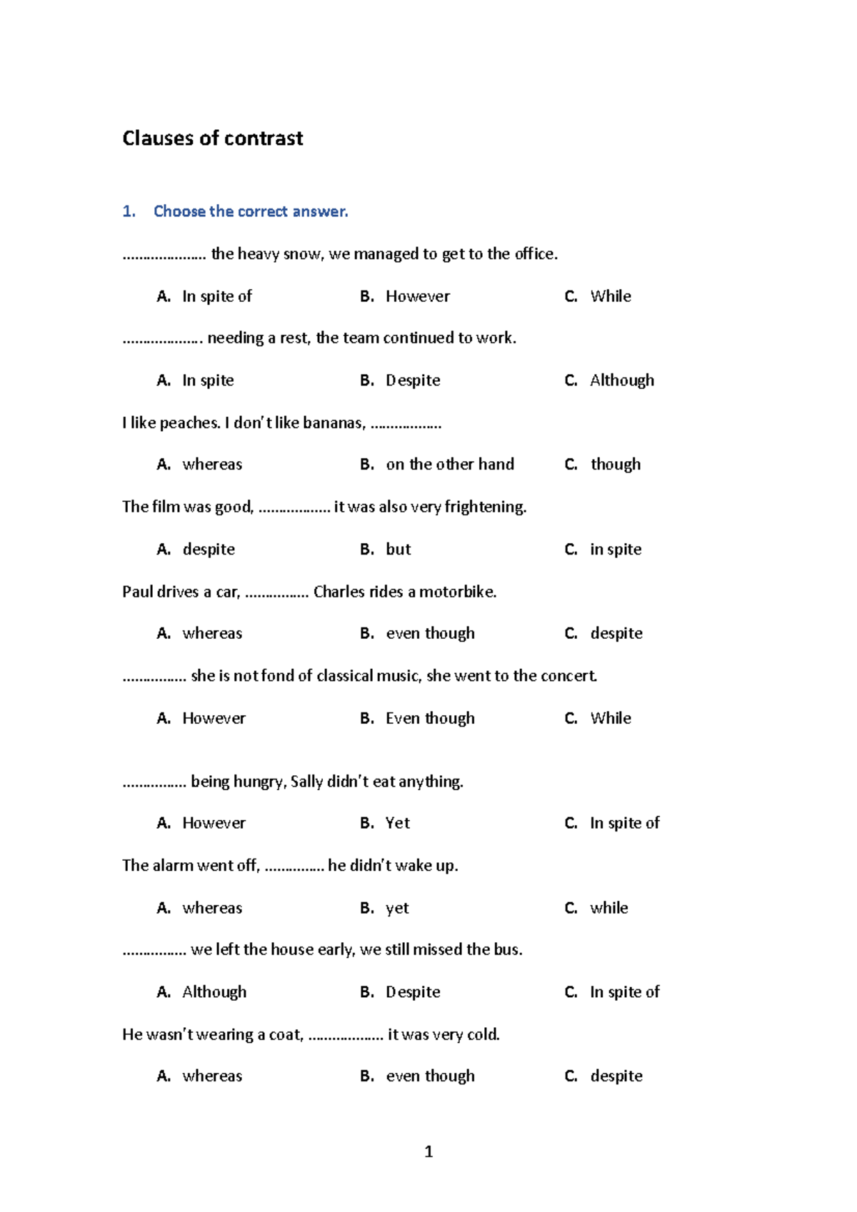 Conjunctions Practice: Clauses of Contrast and Result - Studocu