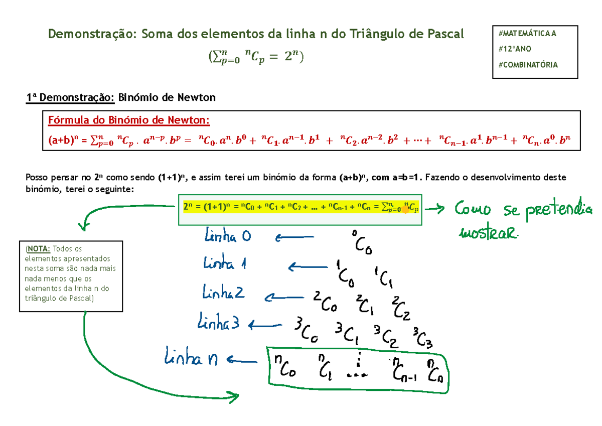 Soma dos Elementos da Linha n do Triângulo de Pascal - MATEMÁTICA A ...