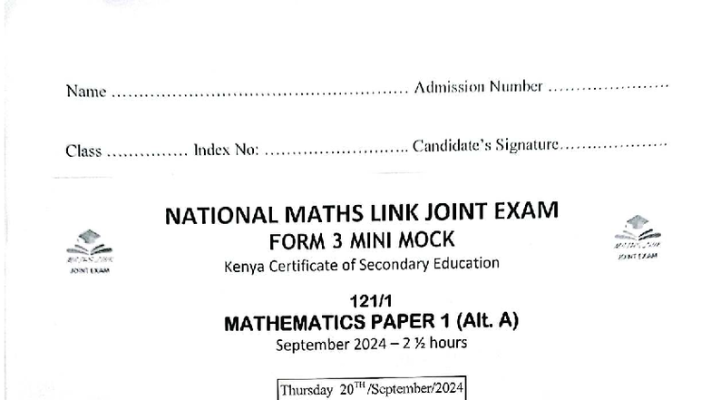 Form 3 Maths Paper 1 Mini Mock Exam T3 2024 - Studocu