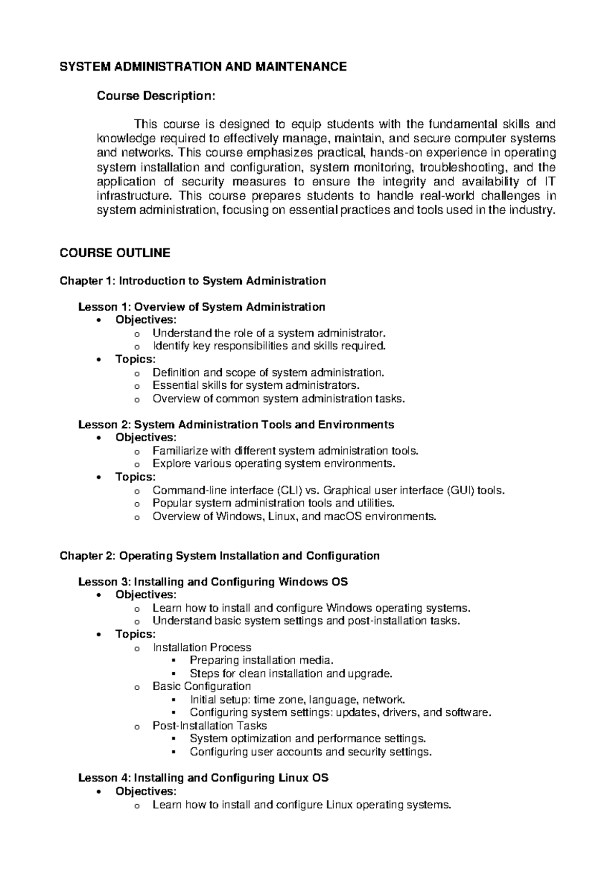 System Administration and Maintenance Course Outline (SYSADMIN 101 ...