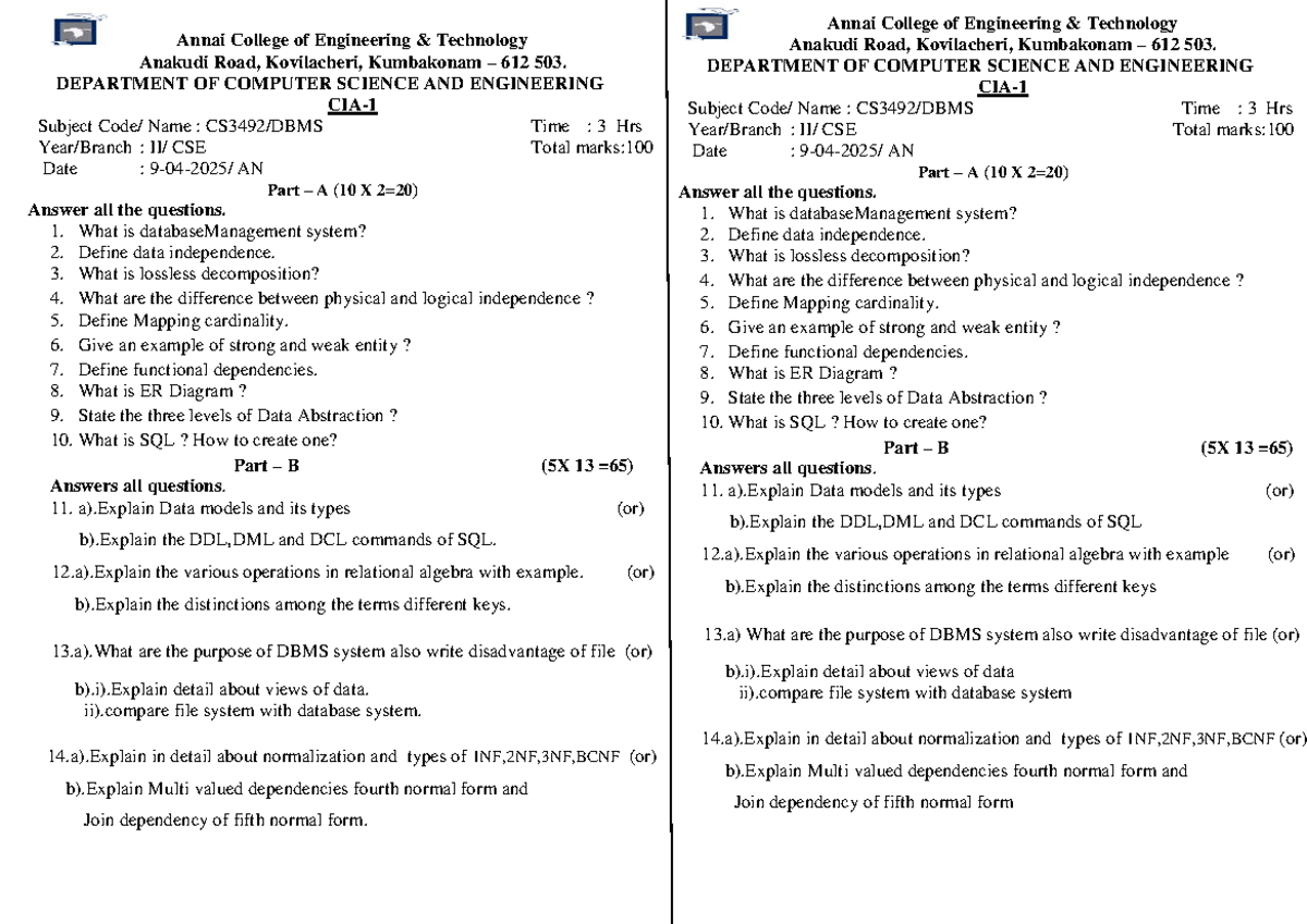 CIA-1 CS3492 DBMS Question Paper - April 2025 - Studocu