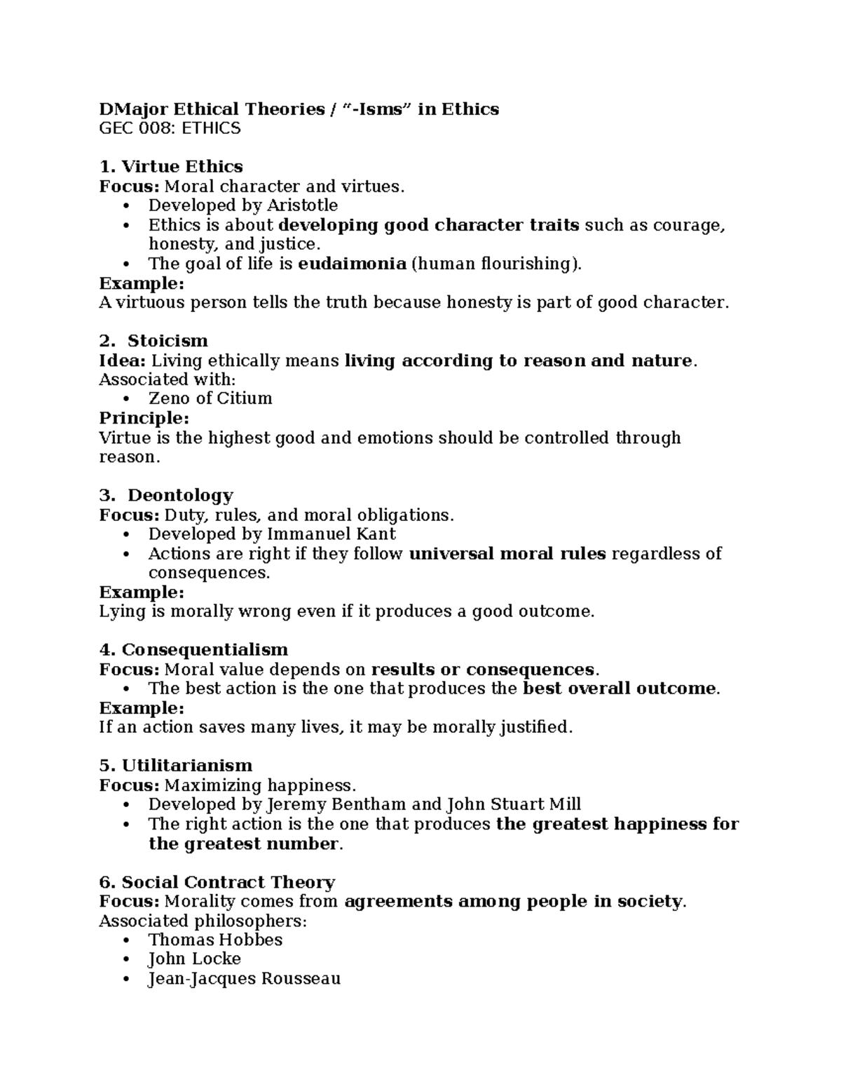 Major Ethical Theories Overview GEC 008: ETHICS 1 - Studocu