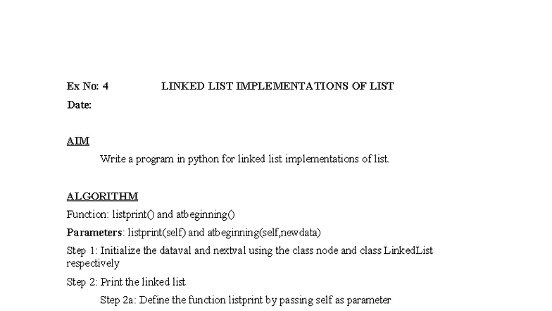 Ex No: 4 & 6 Python Programs for Linked List, Stack & Queue ADT - Studocu