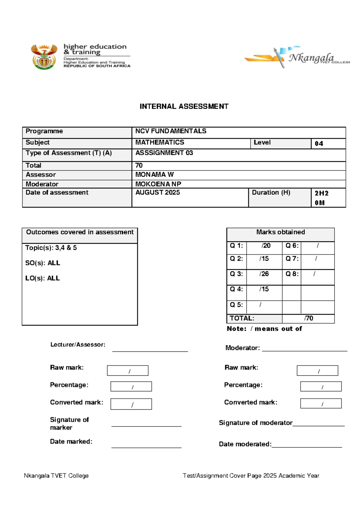 Mathematics NCV Level 4 Assignment 3 Question Paper 2025 - Studocu