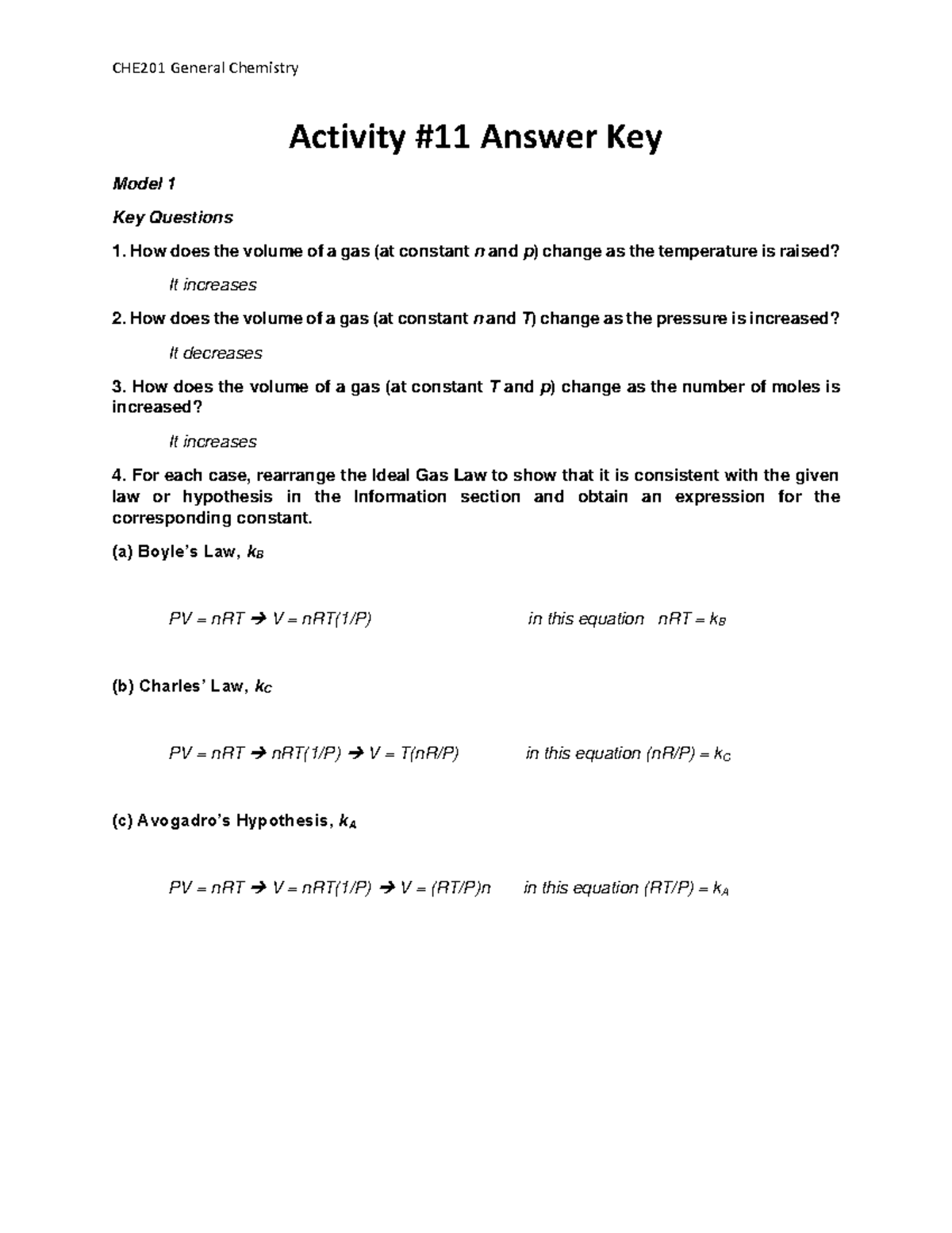 Activity #11 Answer Key - CHE201 General Chemistry Activity #11 Answer ...