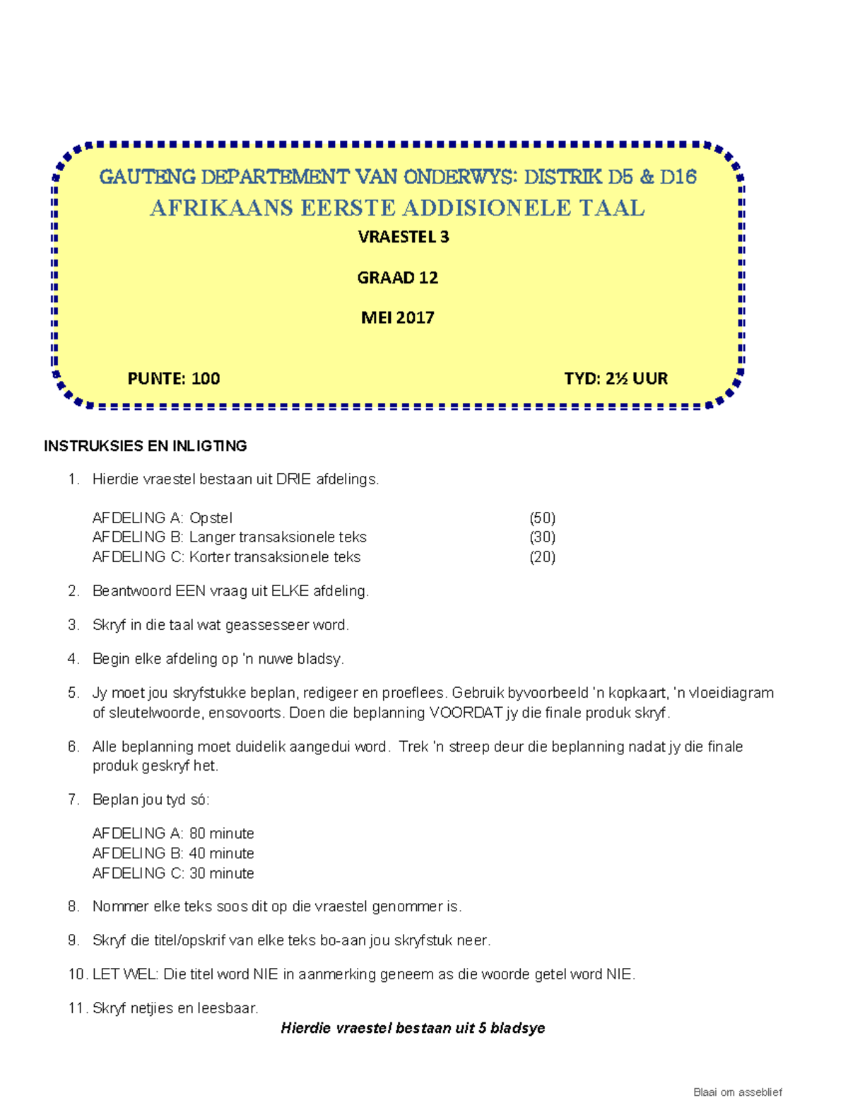 GR 12 EAT V3 - Afrikaans EERSTE ADDISIONELE TAAL Vraestel Inligting - Studocu