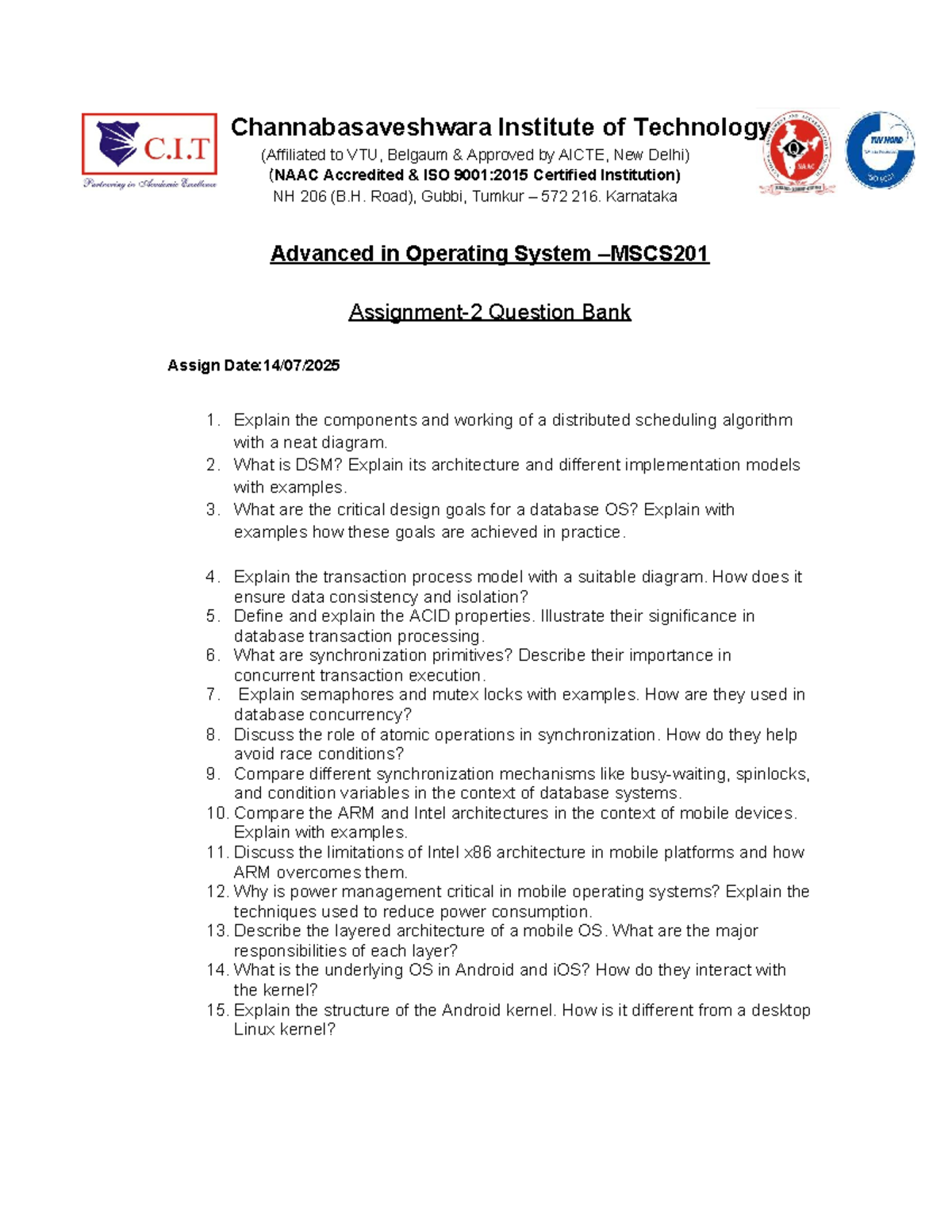 AOS-MSCS201 Assignment-2: Advanced Operating System Question Bank - Studocu
