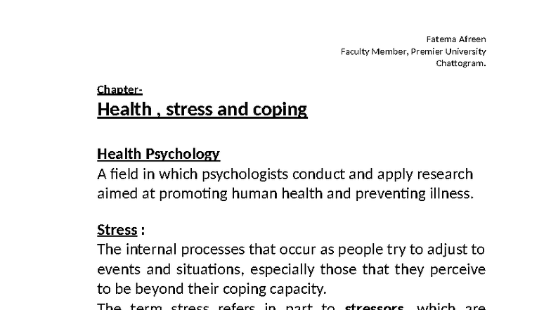Health Psychology: Understanding Stress & Coping Mechanisms - Studocu