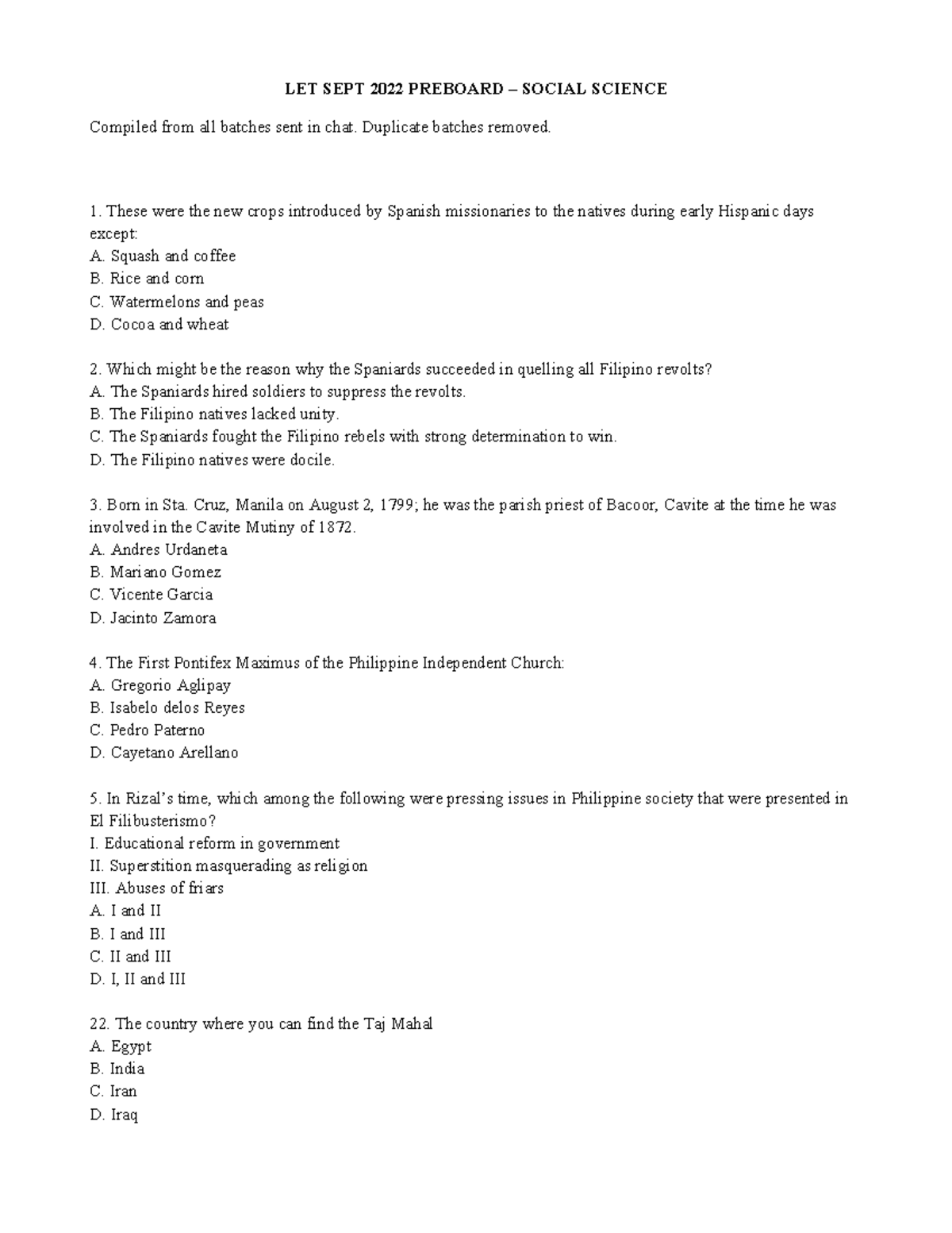 LET SEPT 2022 PREBOARD SOCIAL SCIENCE - Compiled Quiz Questions - Studocu