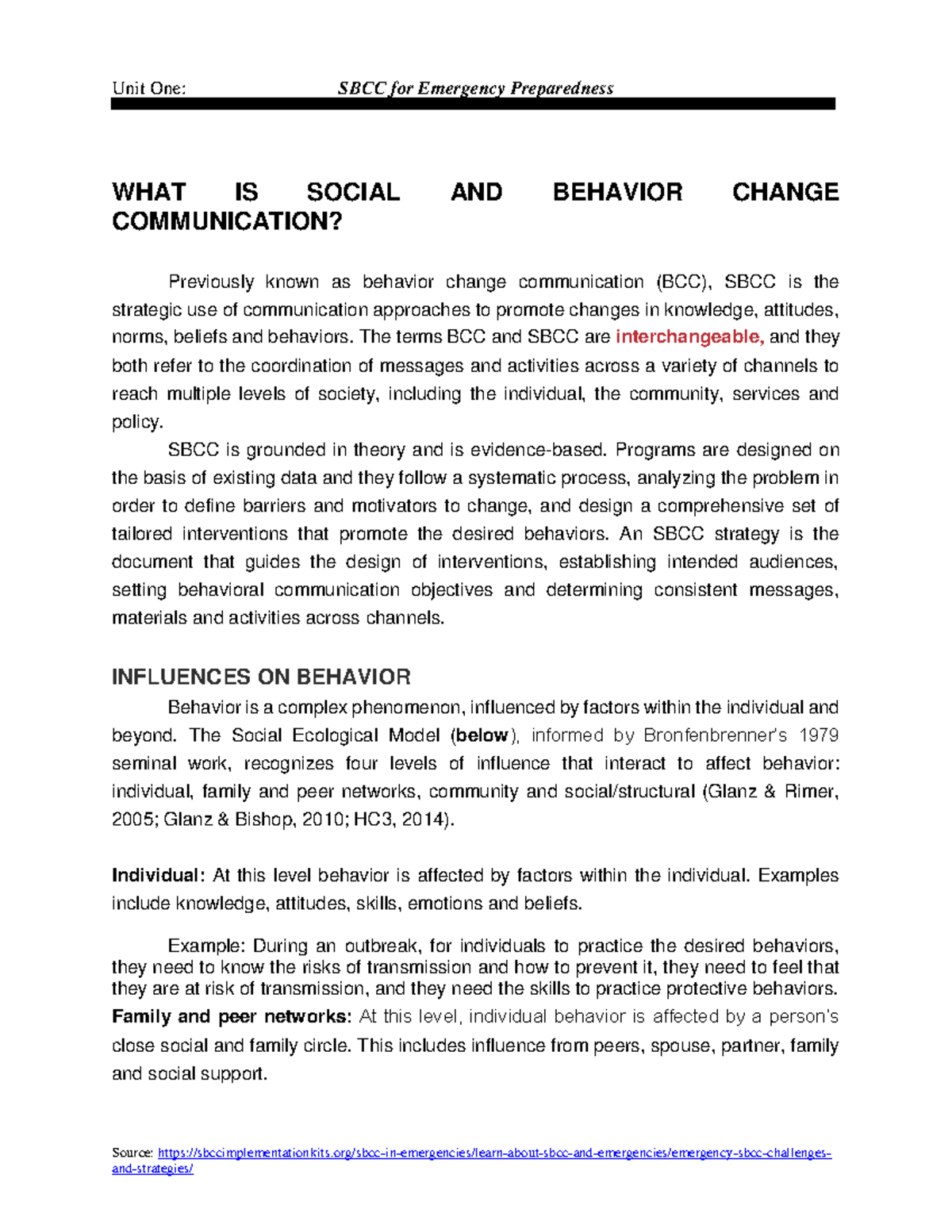 SBCC in Emergencies: Social & Behavioral Change Comm. (Weeks 2-3) - Studocu