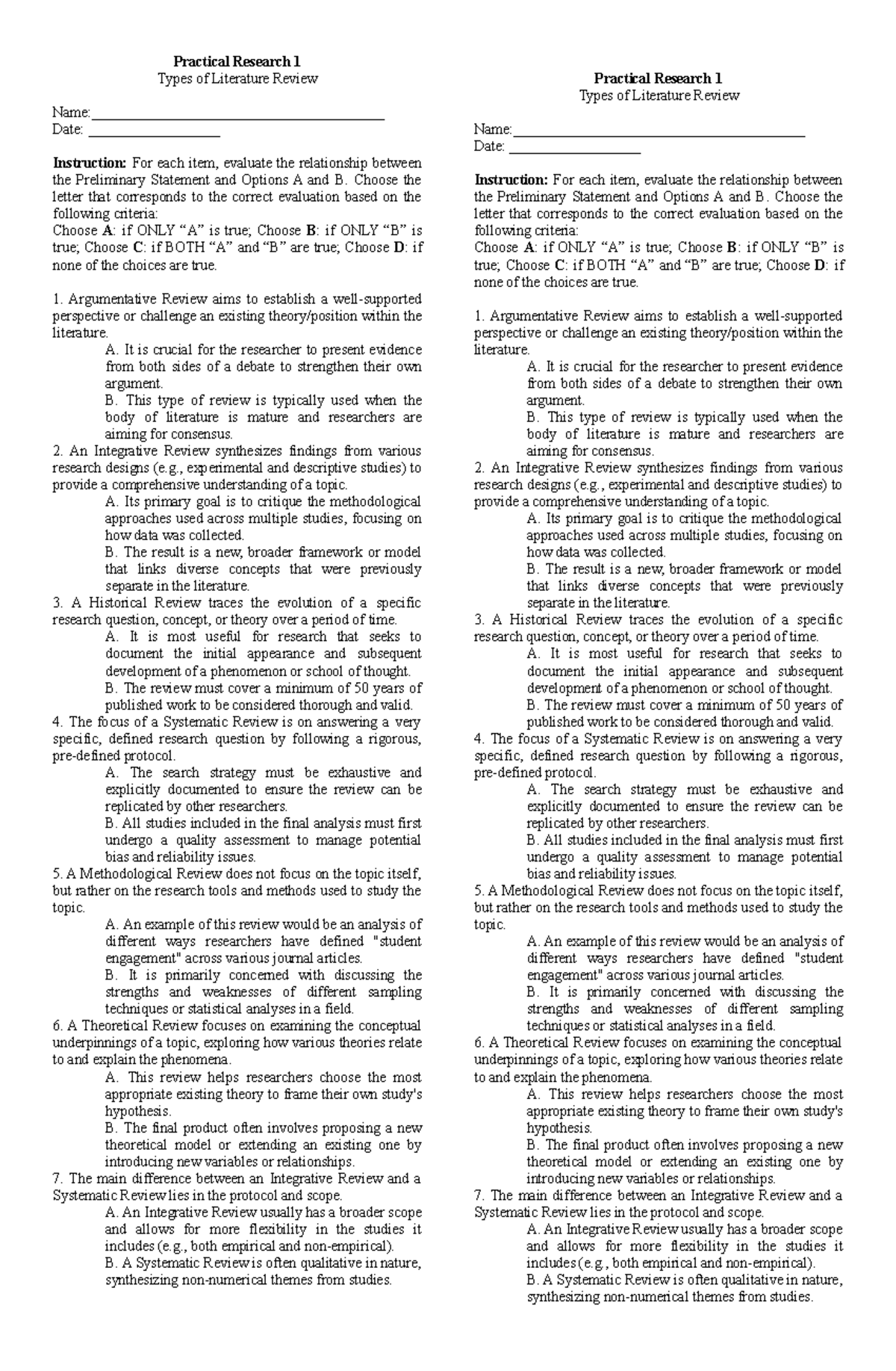 Q3 PR1 Types of Literature Review Quiz - Studocu