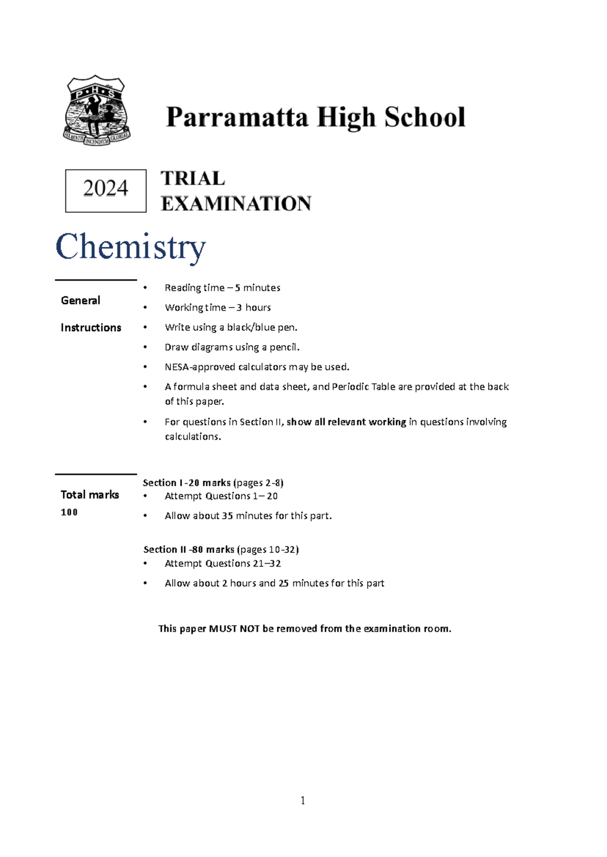 2024 HSC Chem Trial - Comprehensive Chemistry Exam Paper - Studocu