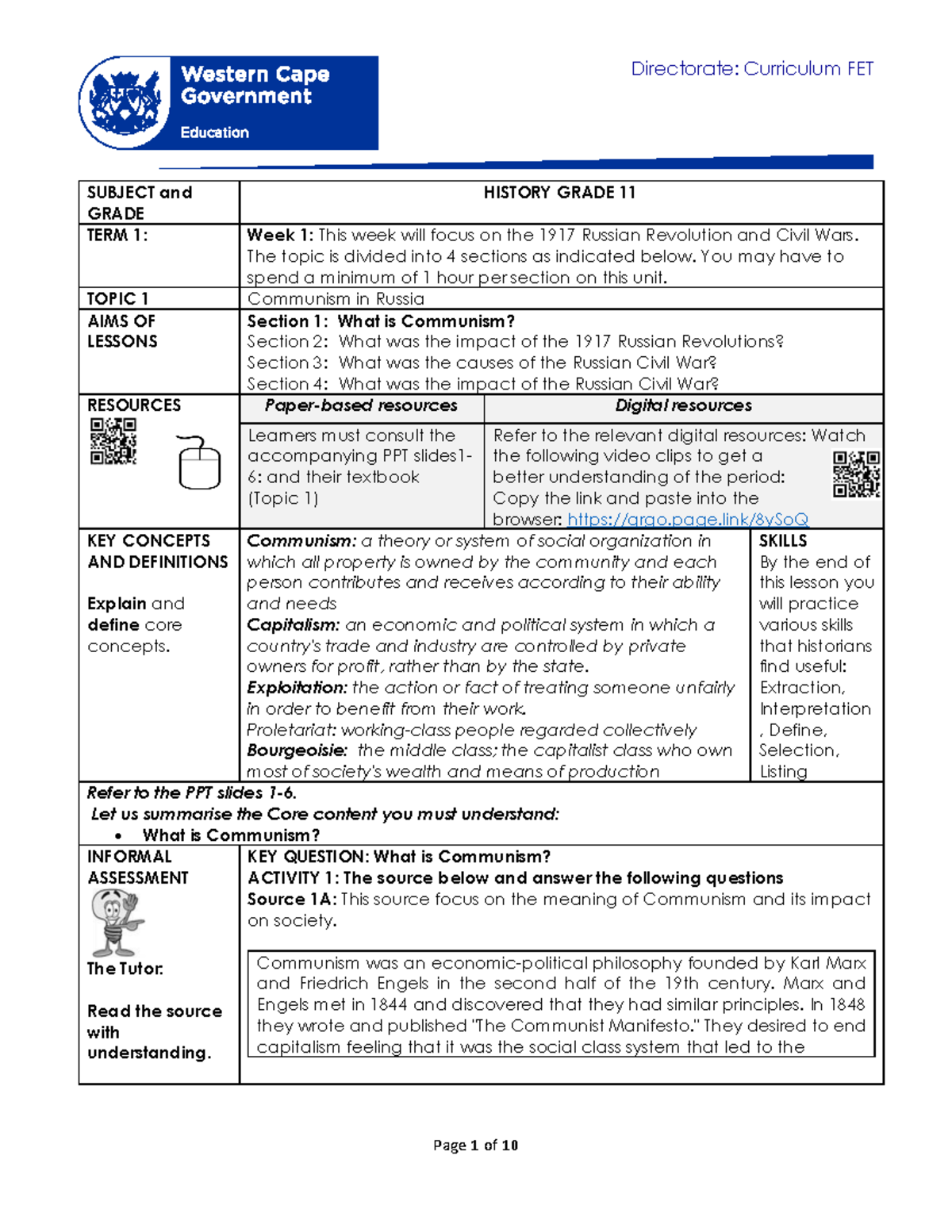History Grade 11 Term 1: Lesson on the 1917 Russian Revolution and ...