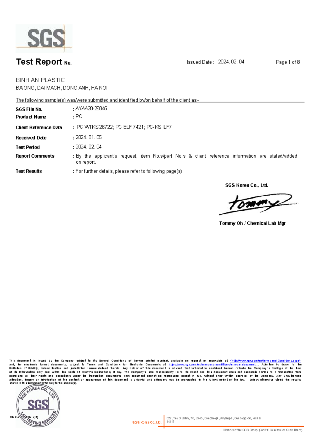 Test Report No. 2024.02.04: Hopelex PC-1100U Production Process ...