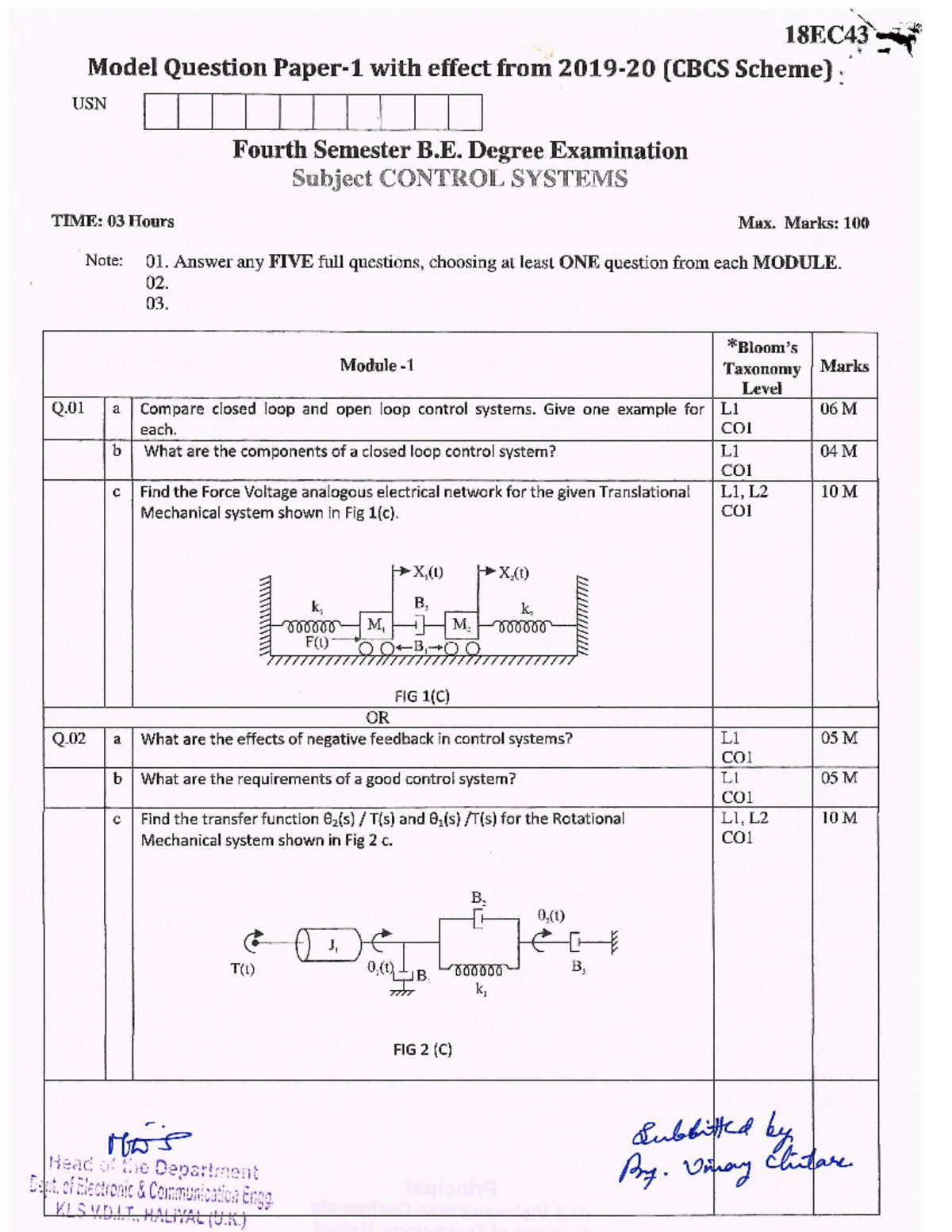 BEC403 Control Systems Model Question Paper with CBCS Scheme - Studocu
