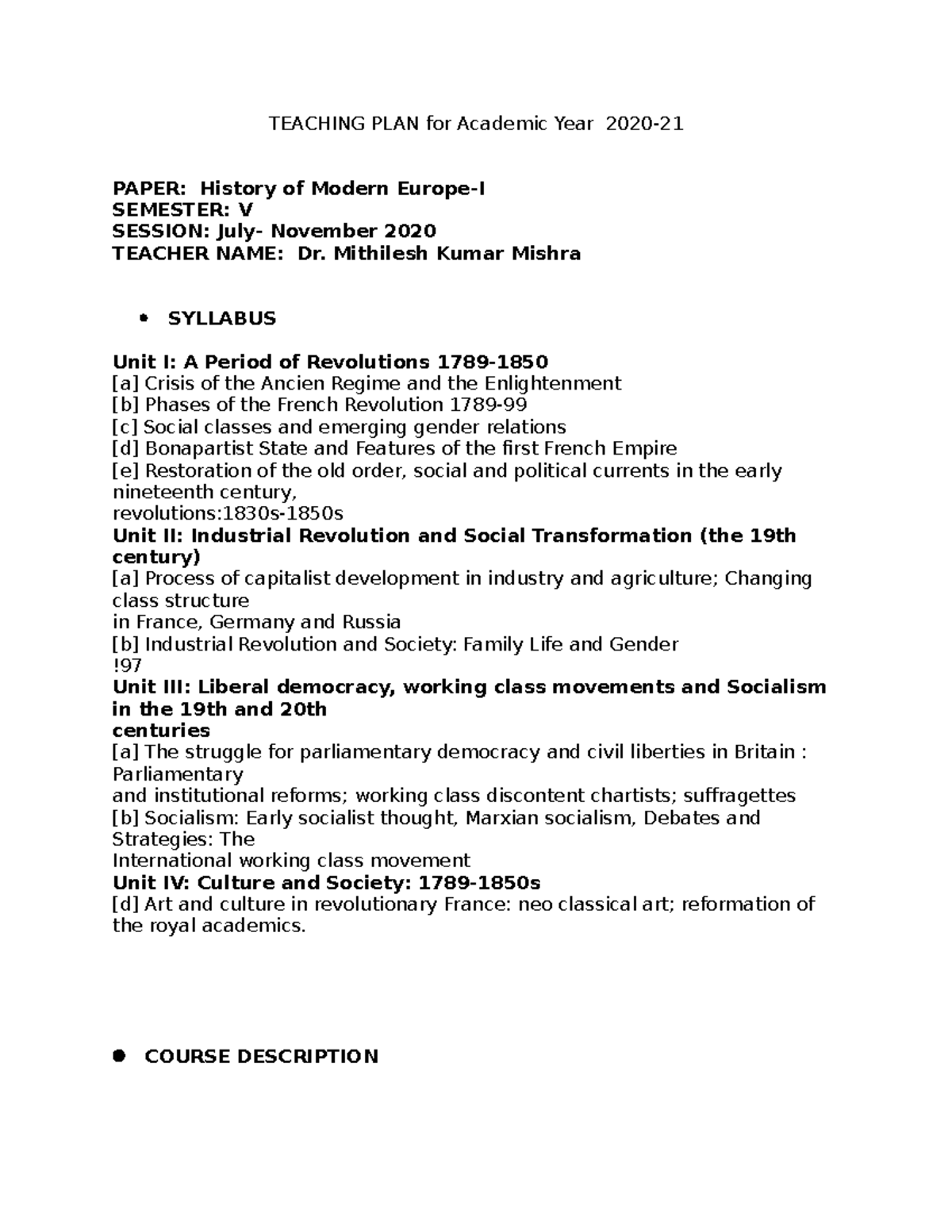 History OF Modern Europe-I - TEACHING PLAN for Academic Year 2020 ...