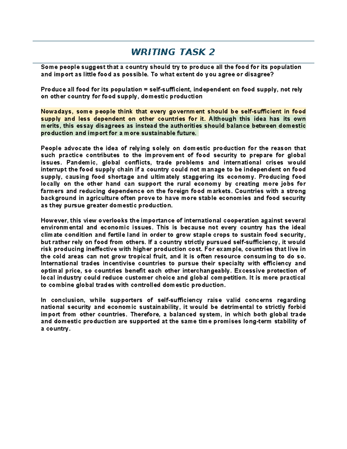 Writing Task 2: Balancing Domestic Production and Food Imports - Studocu