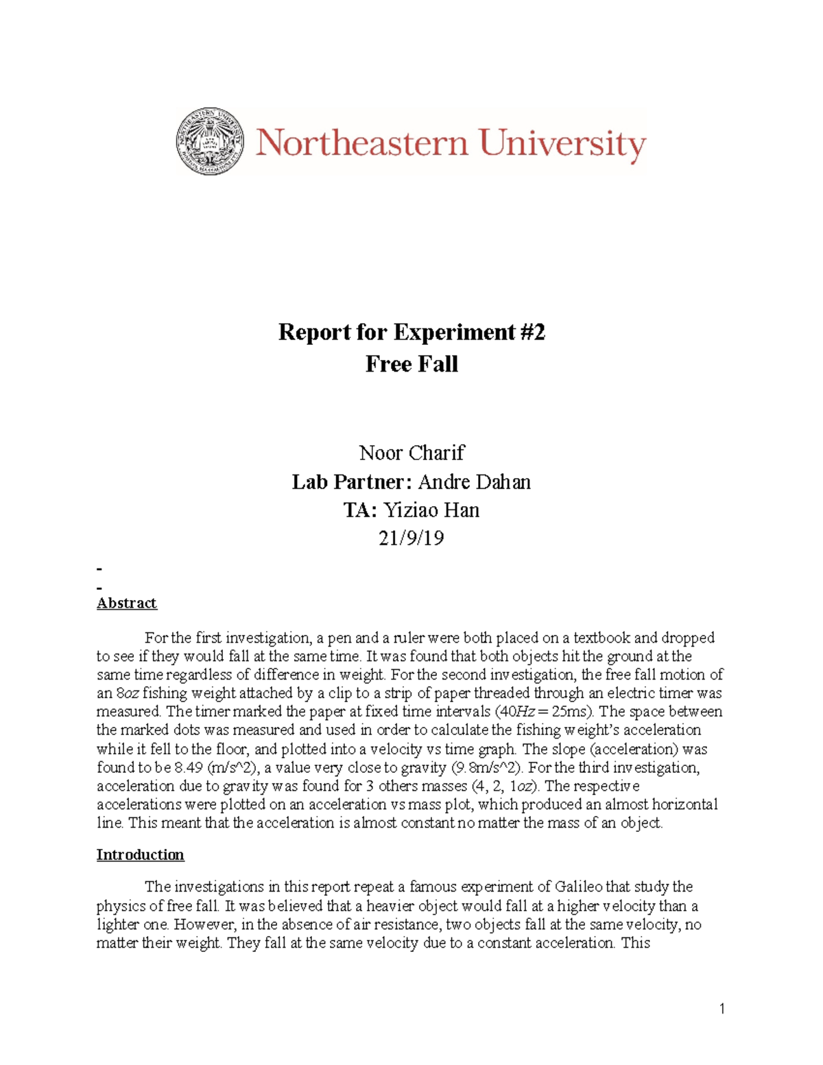 Report for Experiment #2 - Report for Experiment Free Fall Noor Charif ...