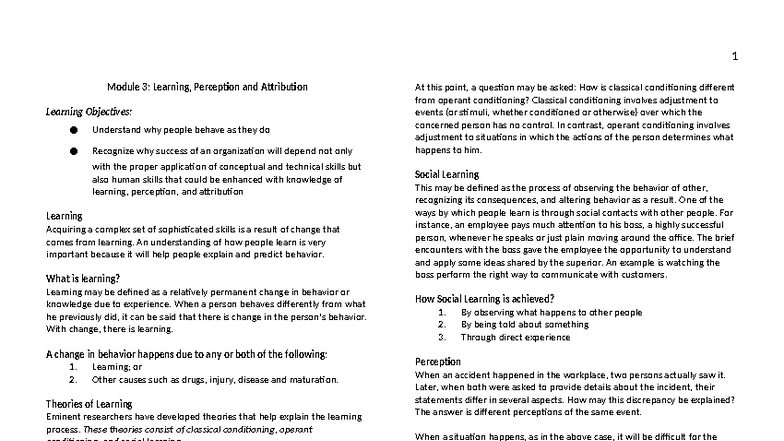 Module 3: Learning, Perception & Attribution Overview - Studocu