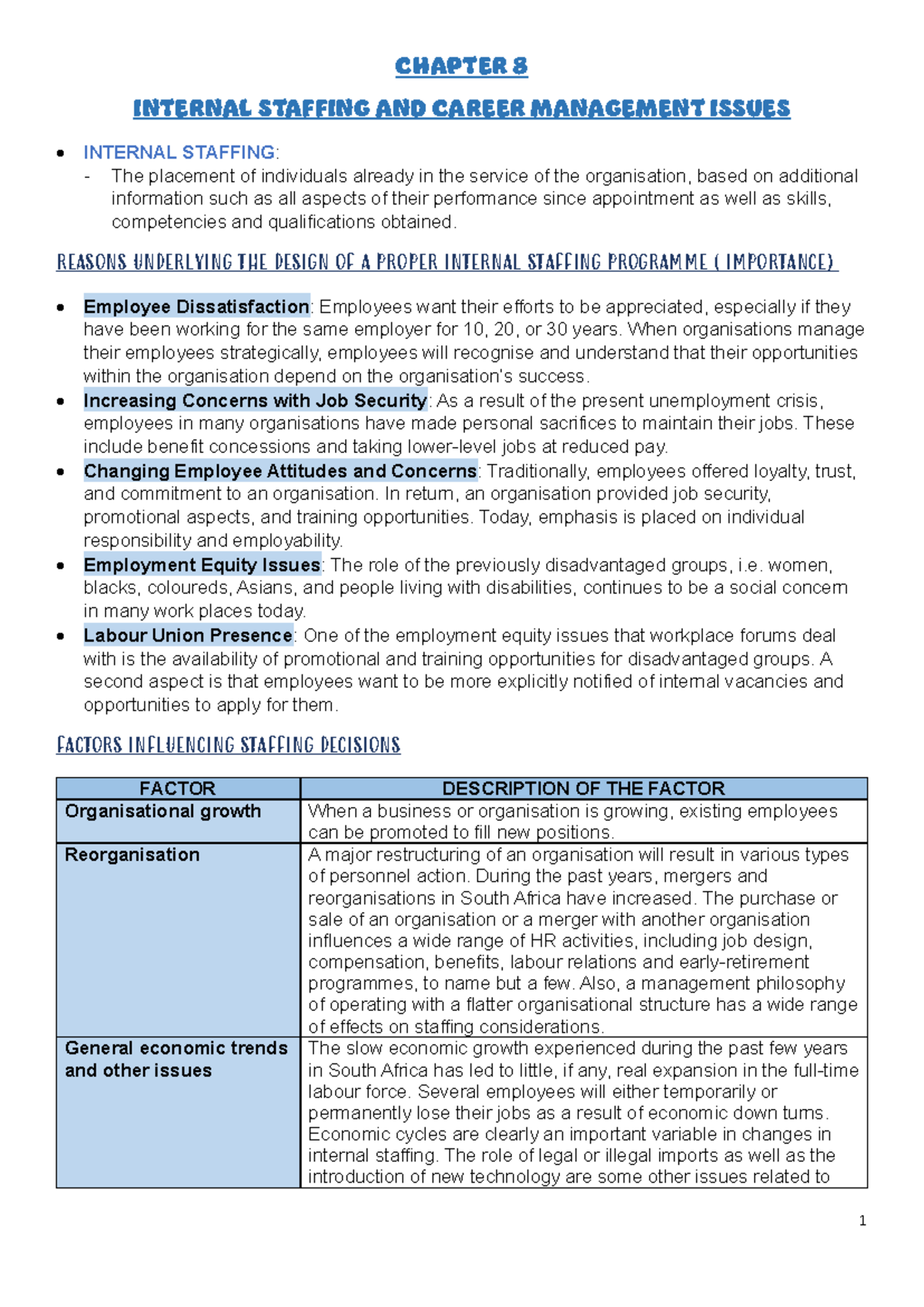 CHAPTER 8: INTERNAL STAFFING & CAREER MANAGEMENT STRATEGIES - Studocu