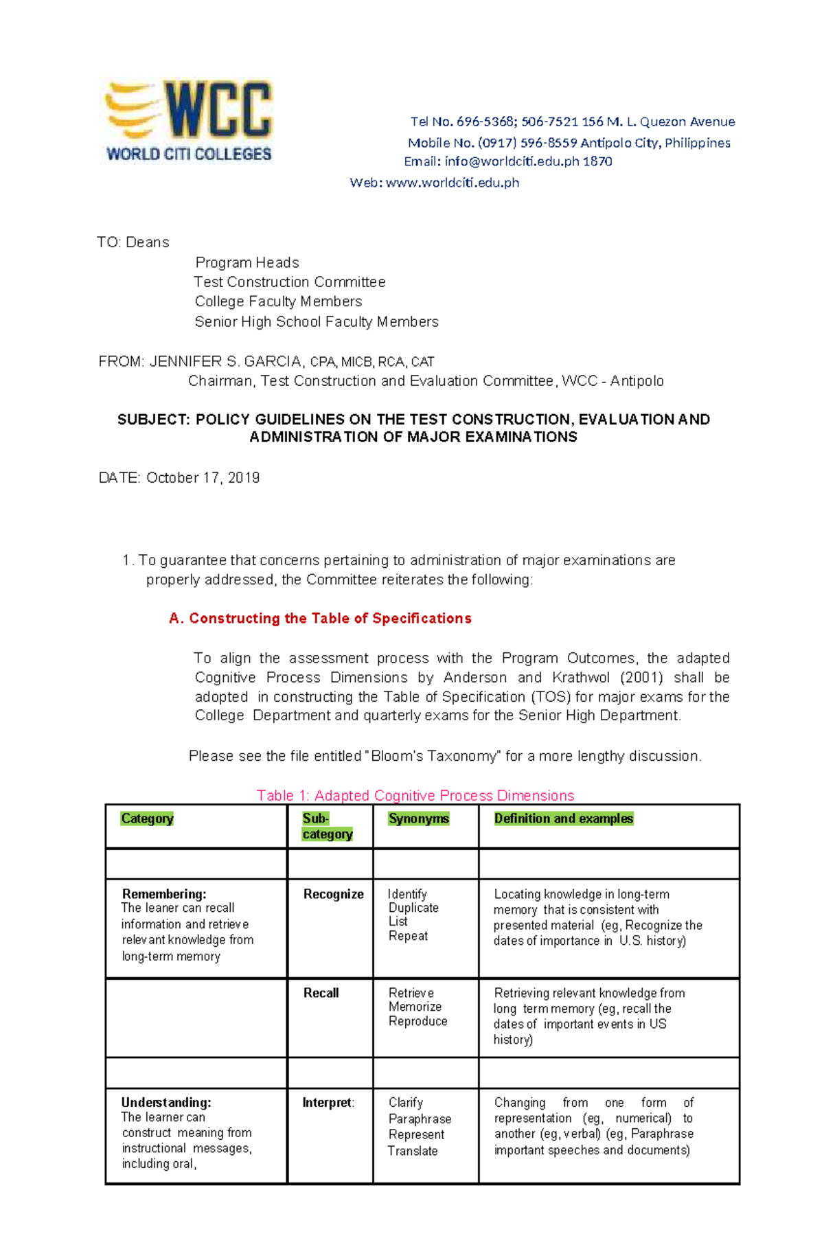 Policy Guidelines for Test Construction & Evaluation 2019 (WCC) - Studocu