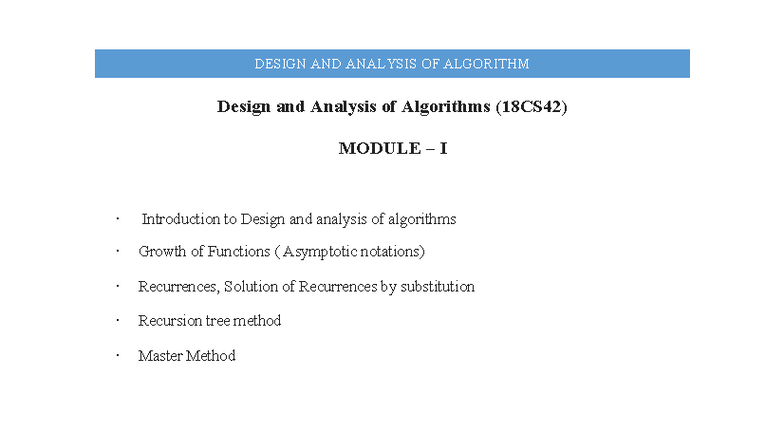 Design and Analysis of Algorithms (18CS42) - Unit 1 Overview - Studocu